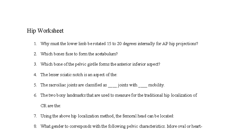 Hip Exam Worksheet: Radiographic Positioning & Projections (RAD 101 ...