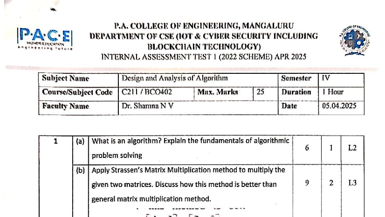 Internal Assessment Test 1 (C211 BCO402) - Design & Analysis of ...