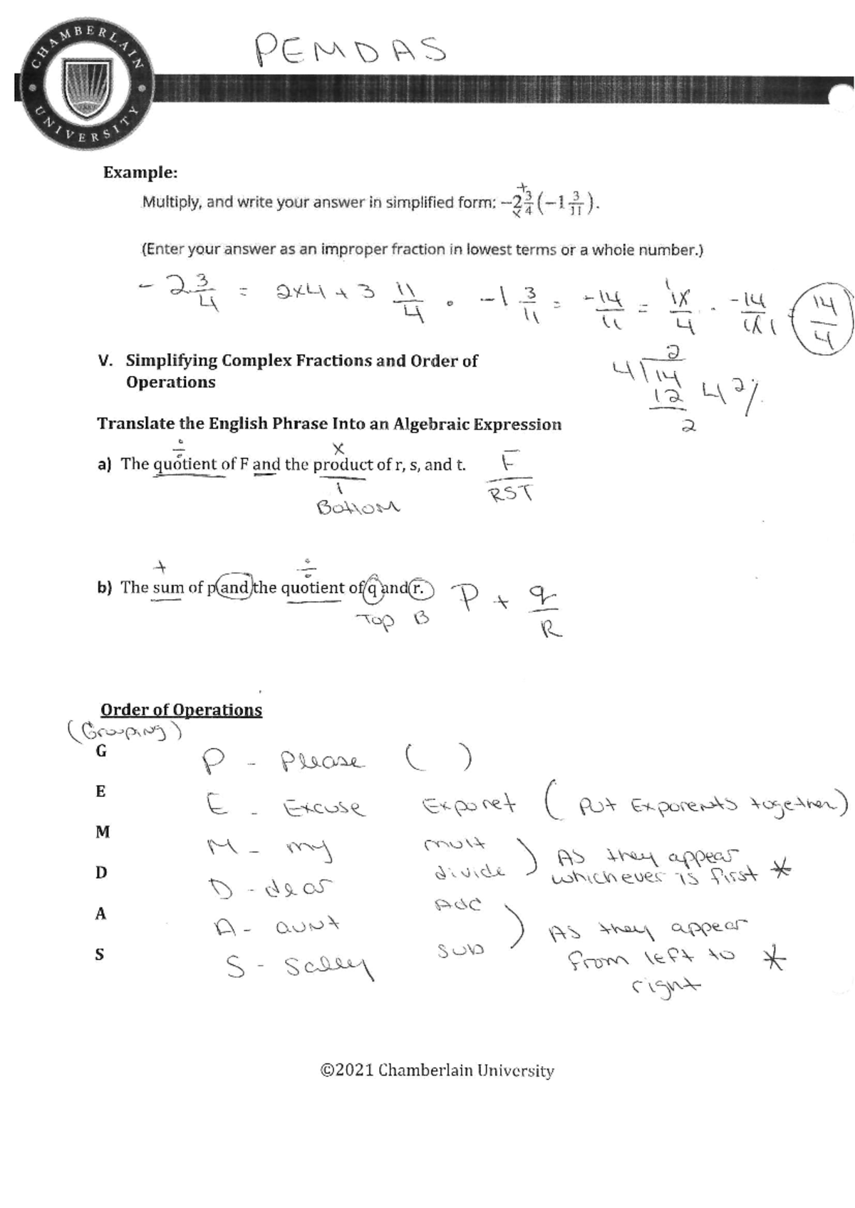 Simplest form week 1 - work sheet from wk 1 - Example: Multiply, and ...
