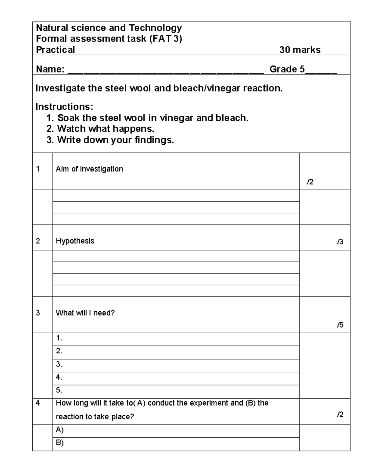 Natural Science & Tech FAT 3: Steel Wool Reaction Investigation - Studocu