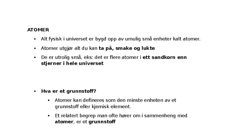 Kapittel 2: Atomer og Grunnstoffer i Universet - Studocu
