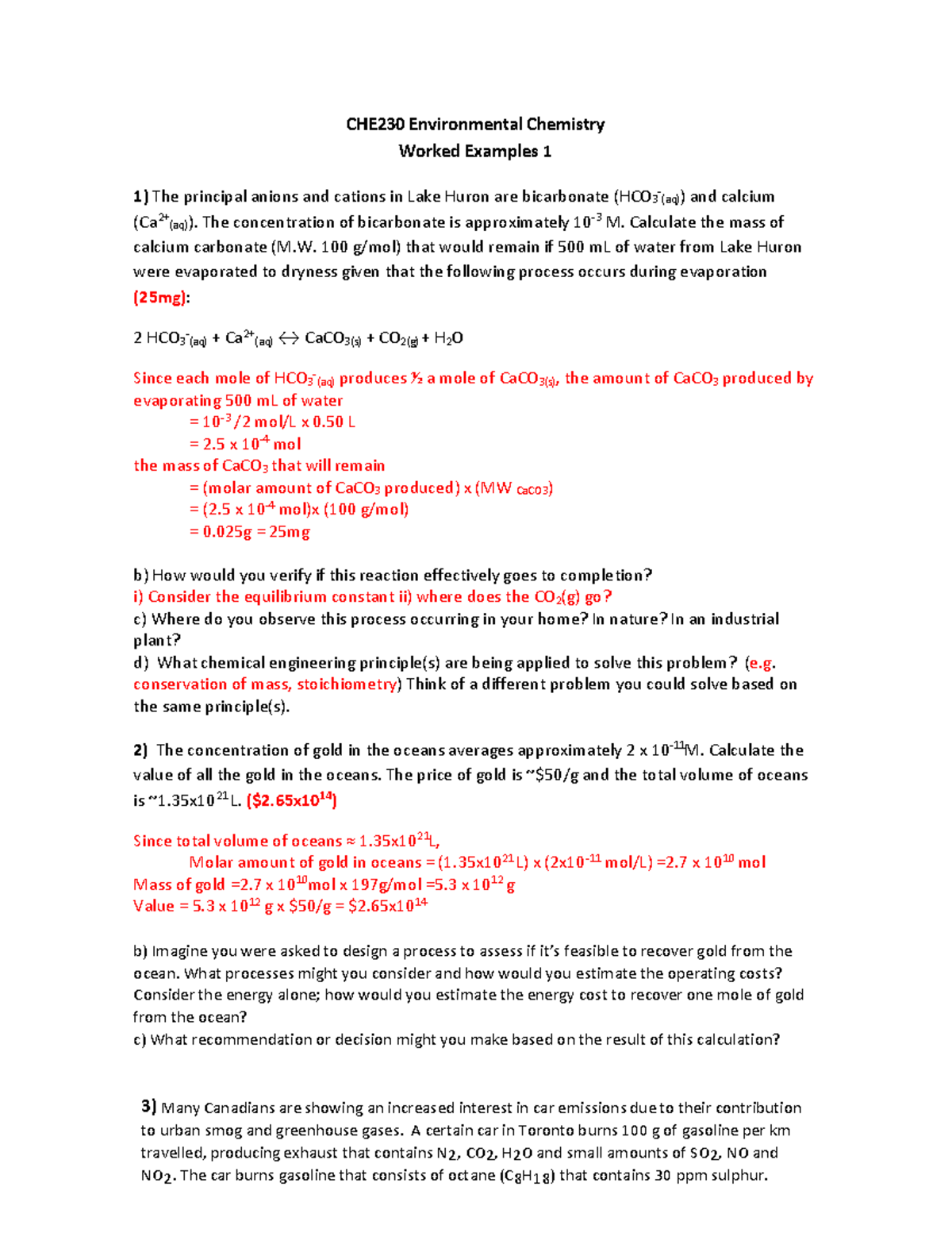 CHE230 Environmental Chemistry Worked Examples and Calculations - Studocu
