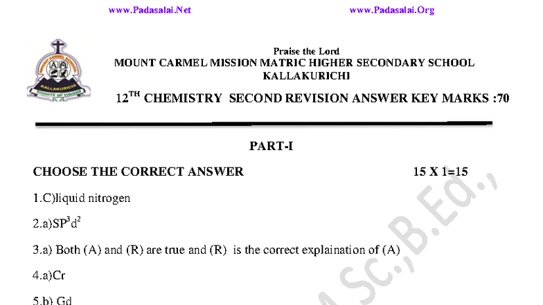 12TH CHEMISTRY 2ND REVISION TEST ANSWER KEY - 2022 - Studocu