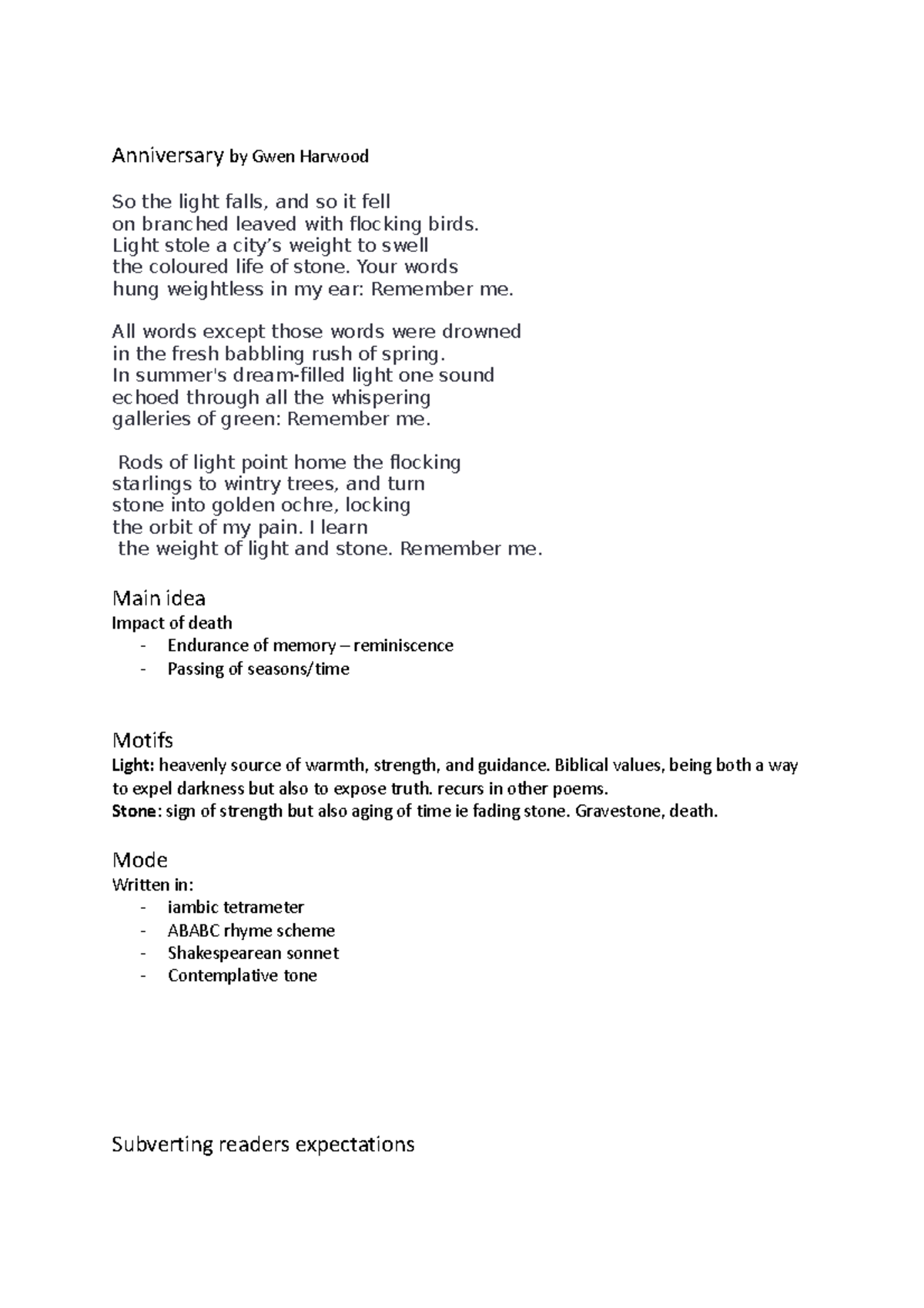 Gwen Harwood's "Anniversary" Poem Analysis & Insights - Studocu