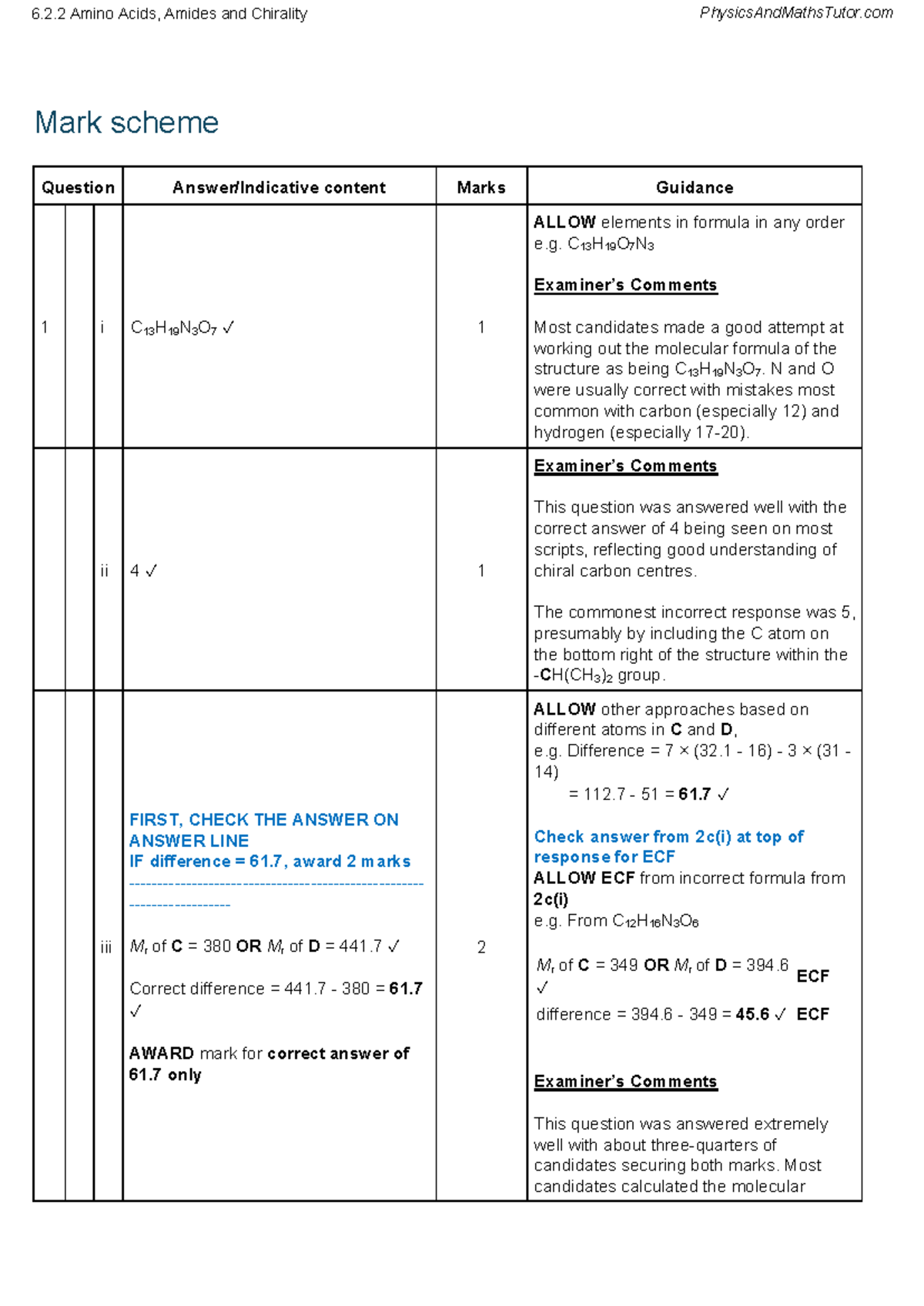 6.2.2 Amino Acids, Amides and Chirality Mark Scheme Analysis - Studocu