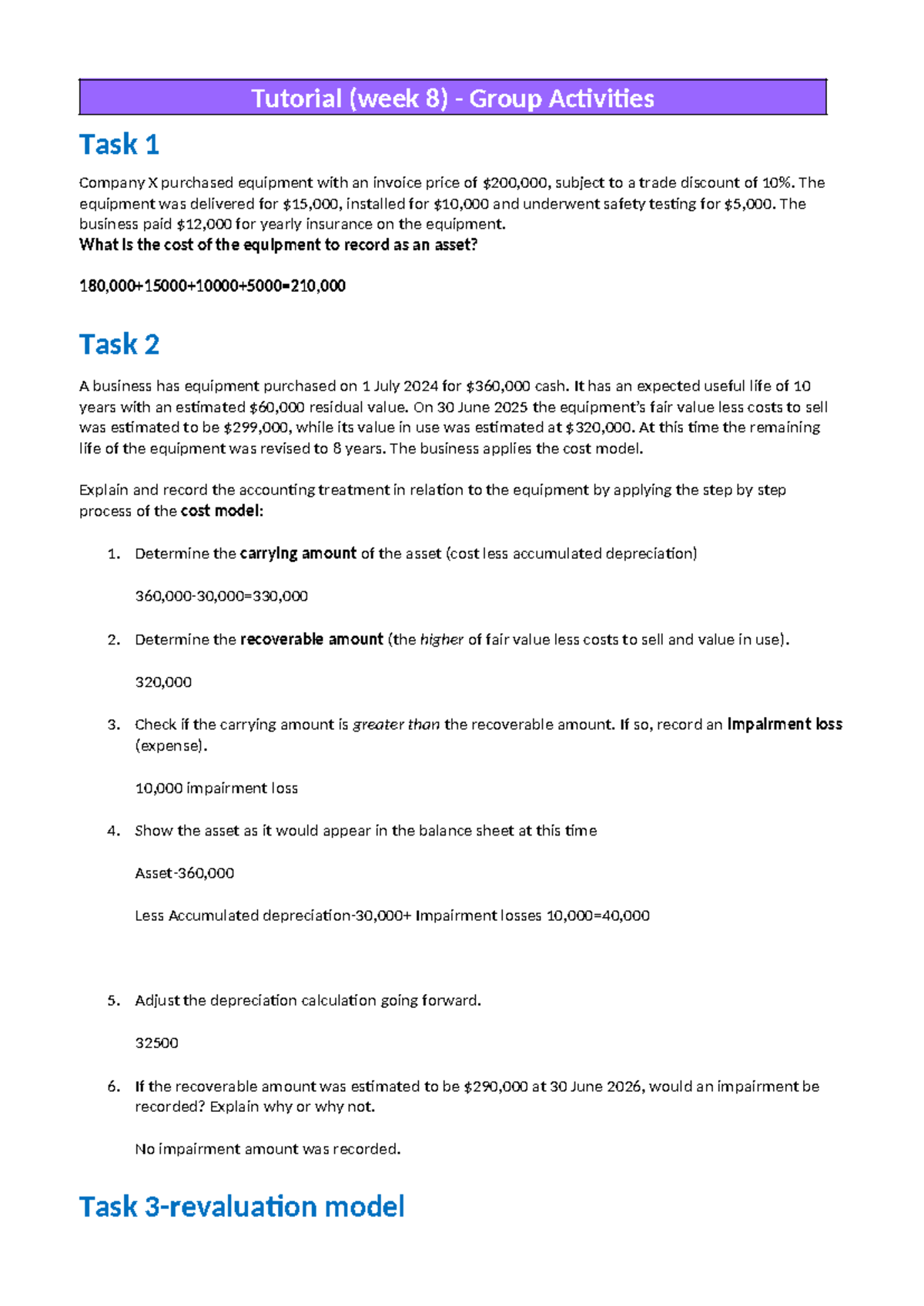 Group Tasks for Tutorial (Week 8) on Equipment Accounting - Studocu