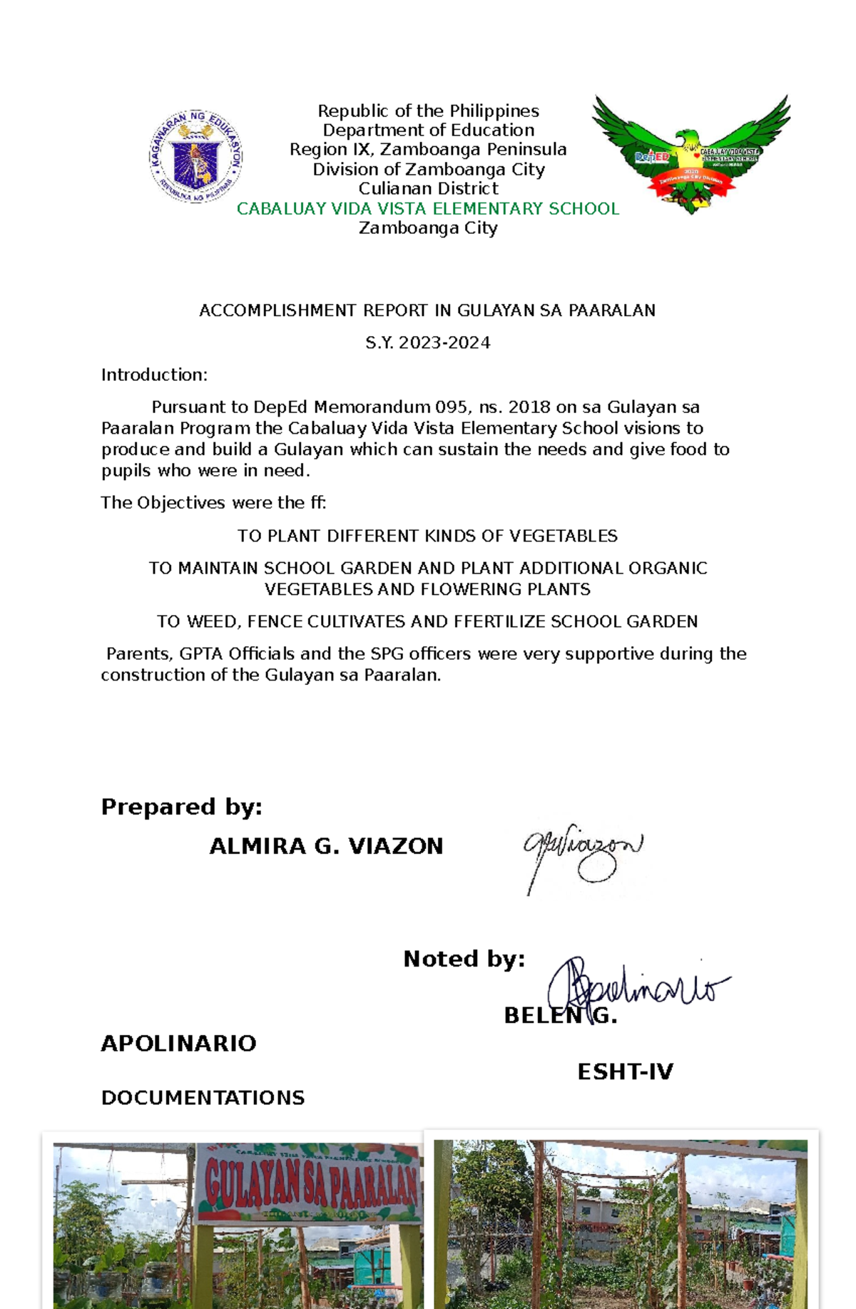 Accomplishment Report on Gulayan sa Paaralan Program (GPP) - Studocu