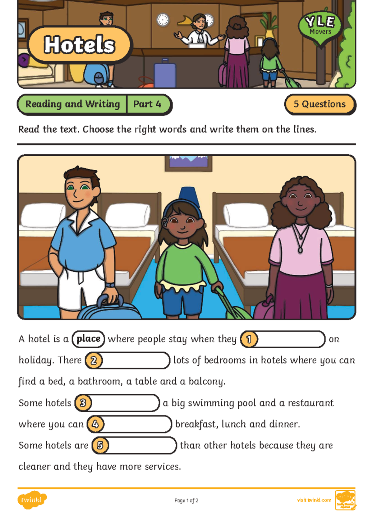 Hotels YLE Movers Reading & Writing Part 4 Worksheet - Studocu