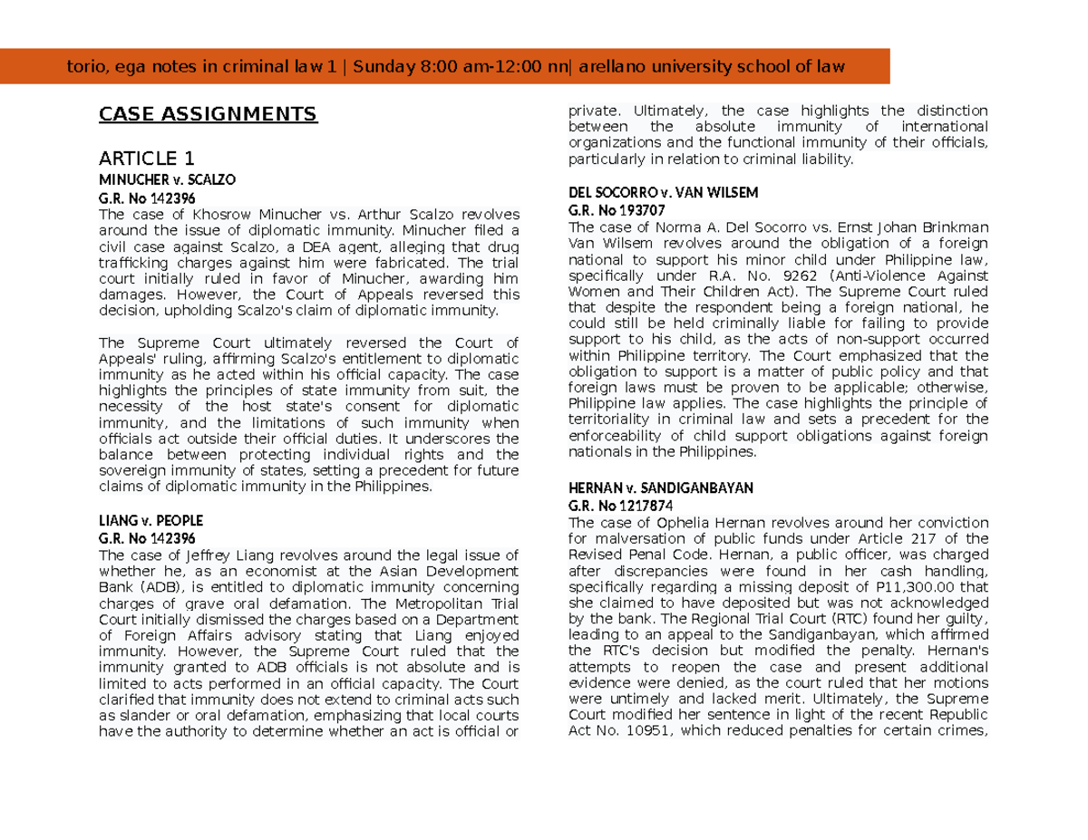 Case brief for Criminal Law - CASE ASSIGNMENTS ARTICLE 1 MINUCHER v. SCALZO G. No 142396 The ...