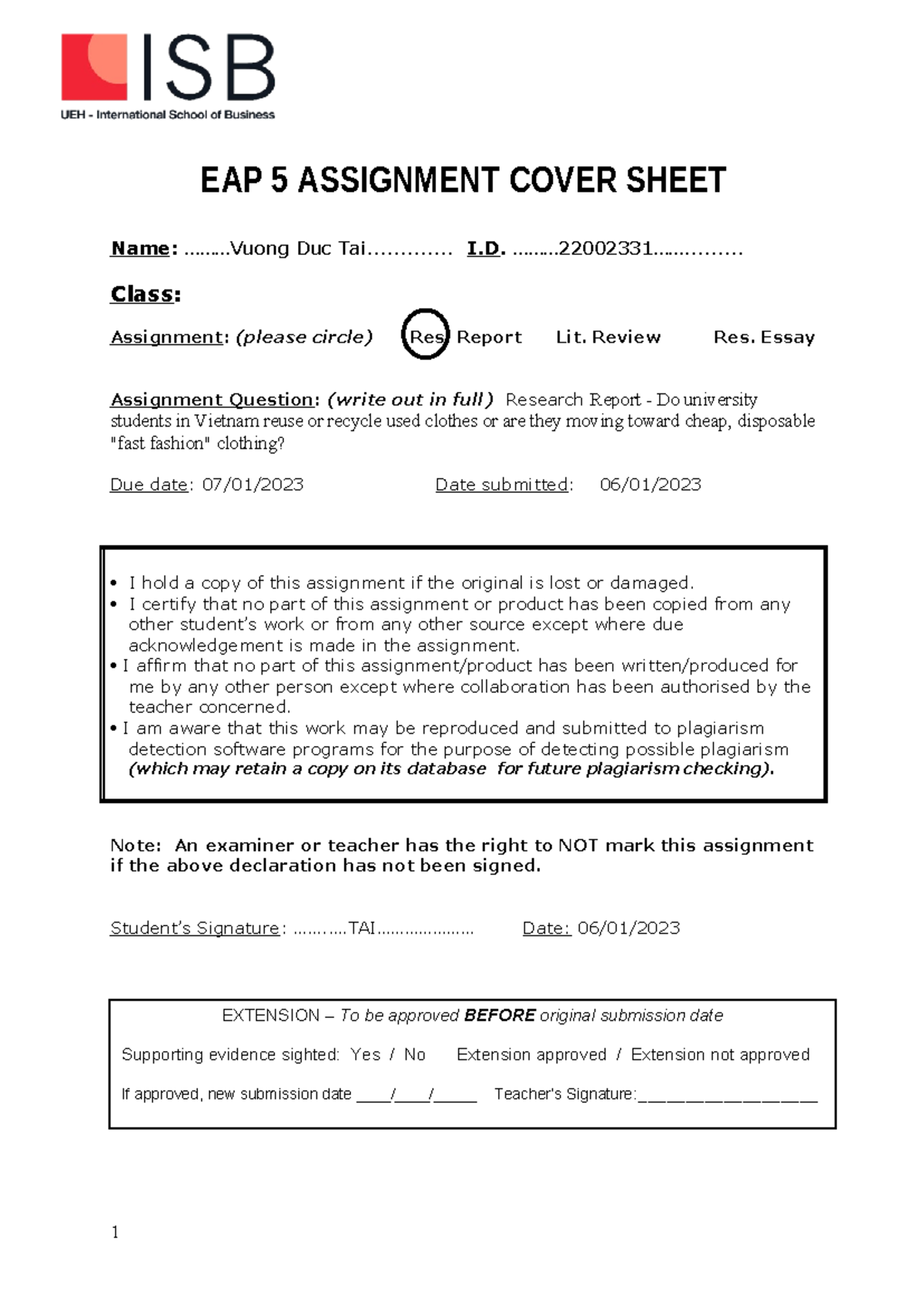 [ EAP5-1222-14] Research Report Vuong Duc Tai 22002 331 - EAP 5 ASSIGNMENT COVER SHEET Name ...