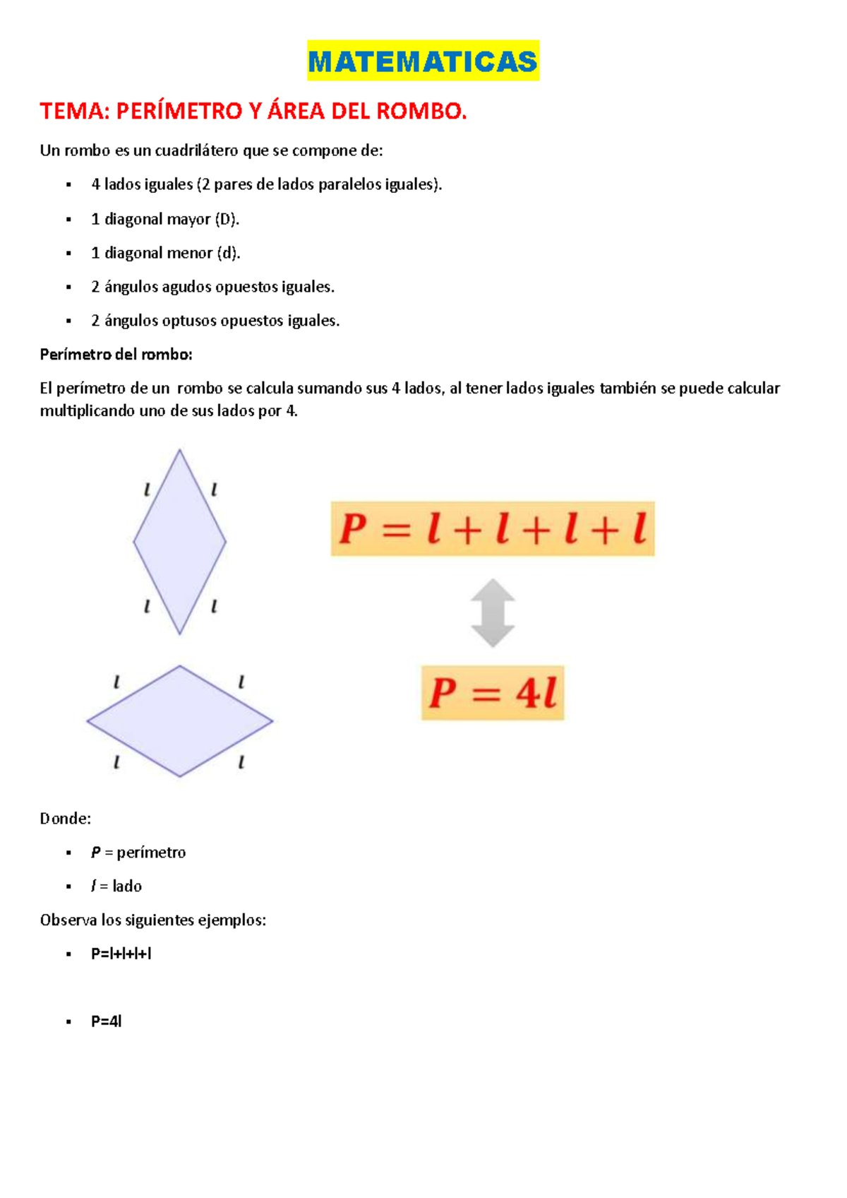 Perimetro Y AREA DEL Rombo - MATEMATICAS TEMA: PERÍMETRO Y ÁREA DEL ...