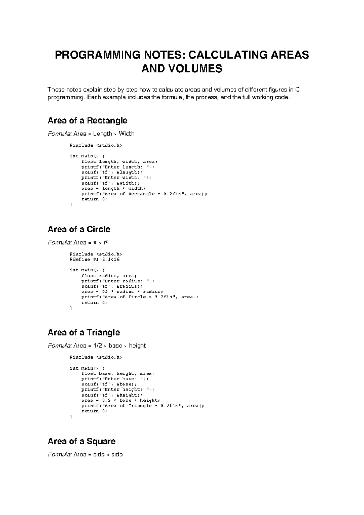 Programming Notes: Area & Volume Calculations in C - Studocu