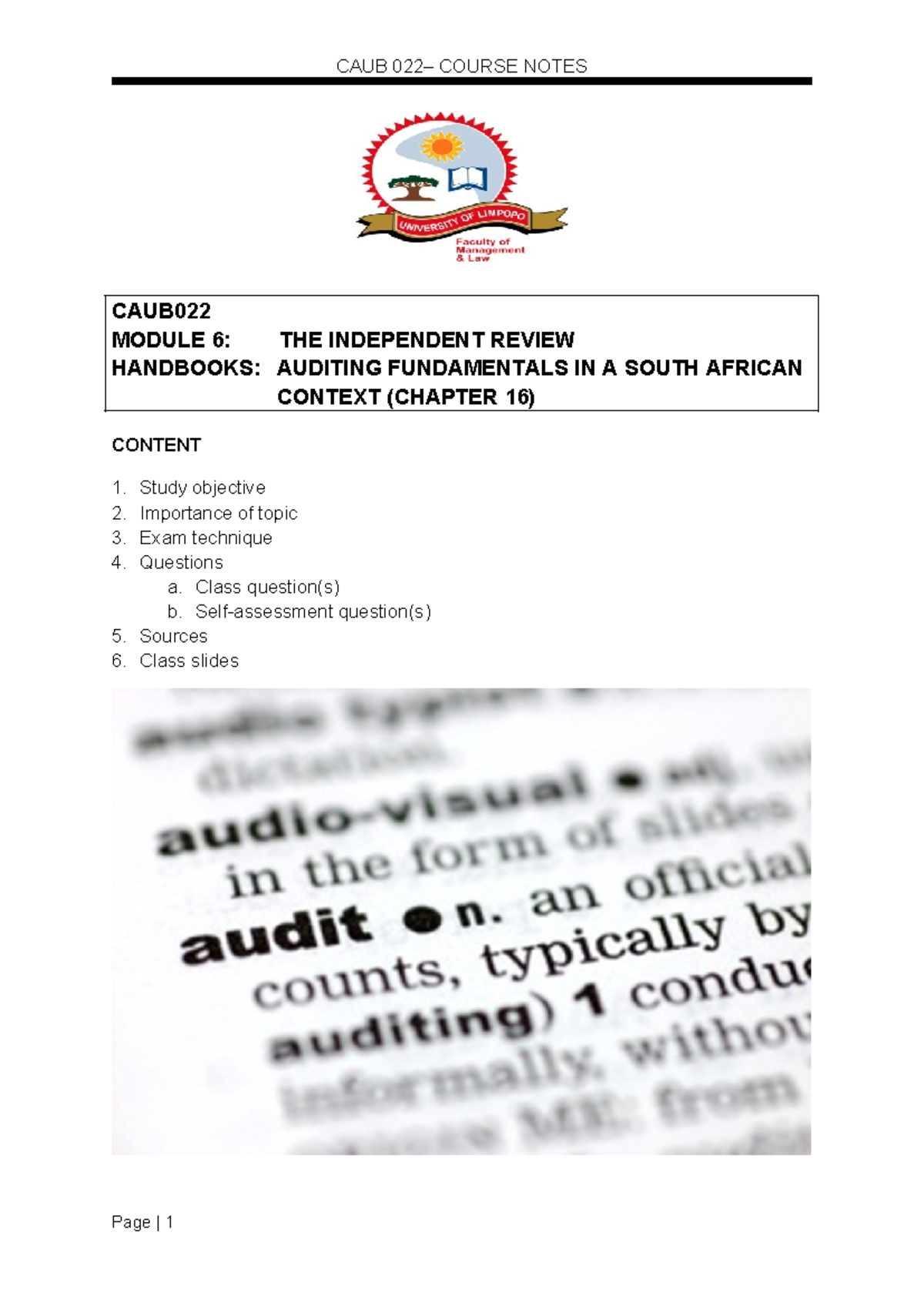 Module 6 - Independent Review Study Notes (AUDI351) - Studocu
