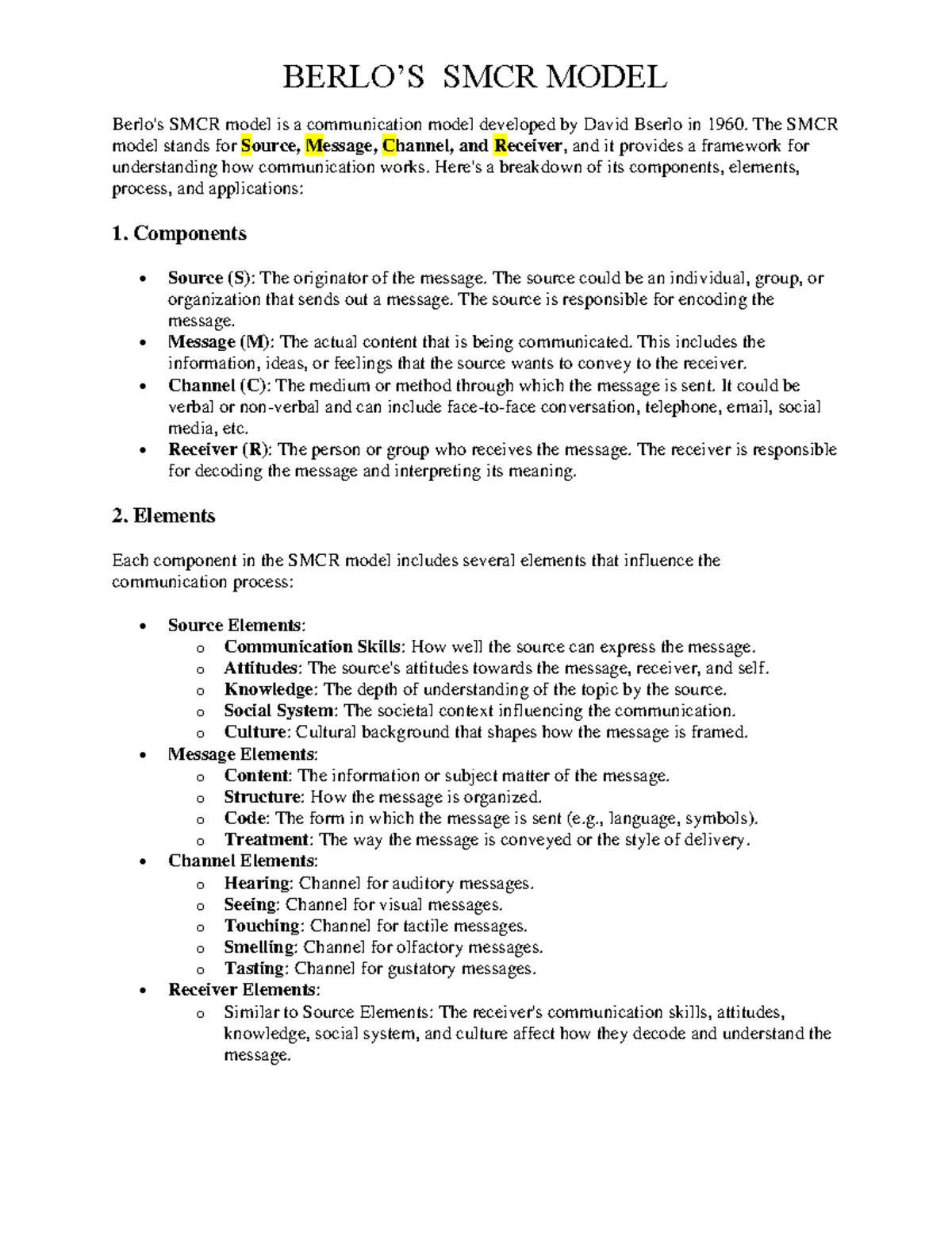 Berlo's SMCR Model: A Comprehensive Communication Framework - Studocu