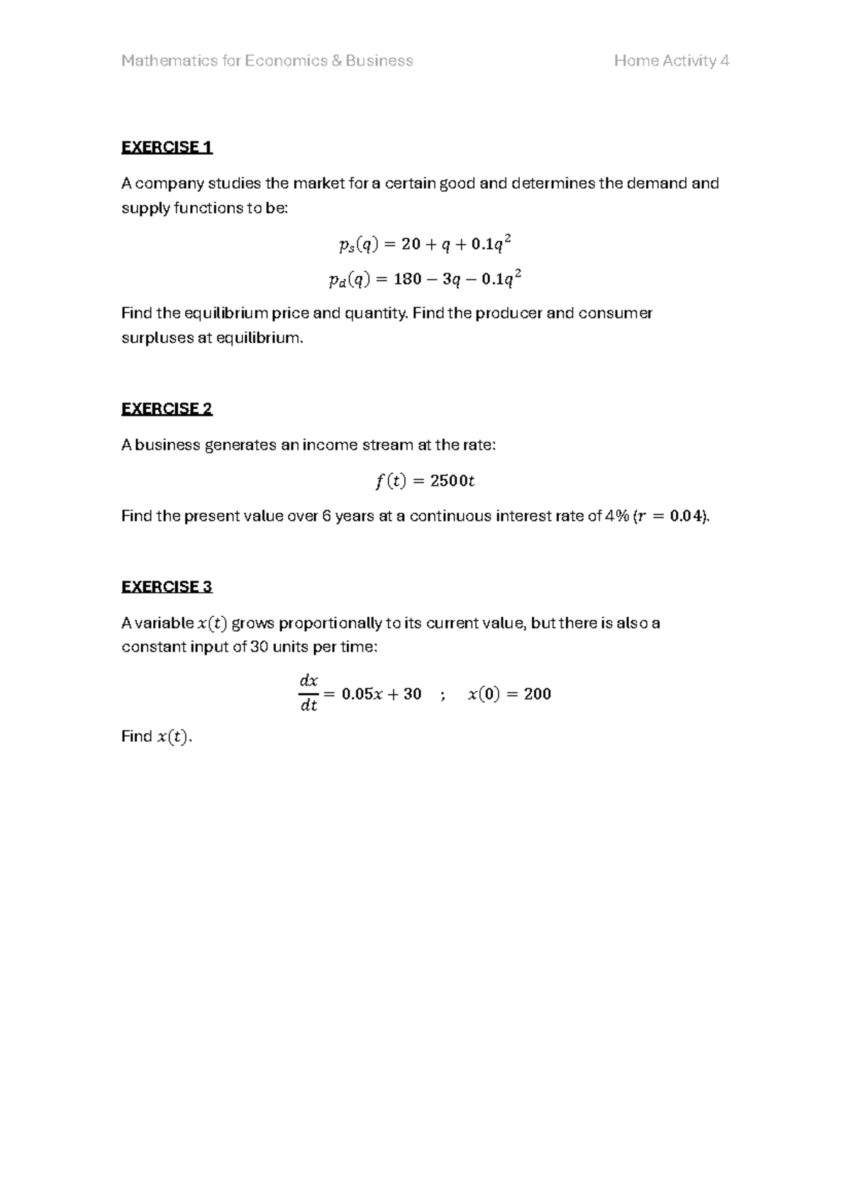 Mathematics for Economics - Home Activity 4 Exercises - Studocu