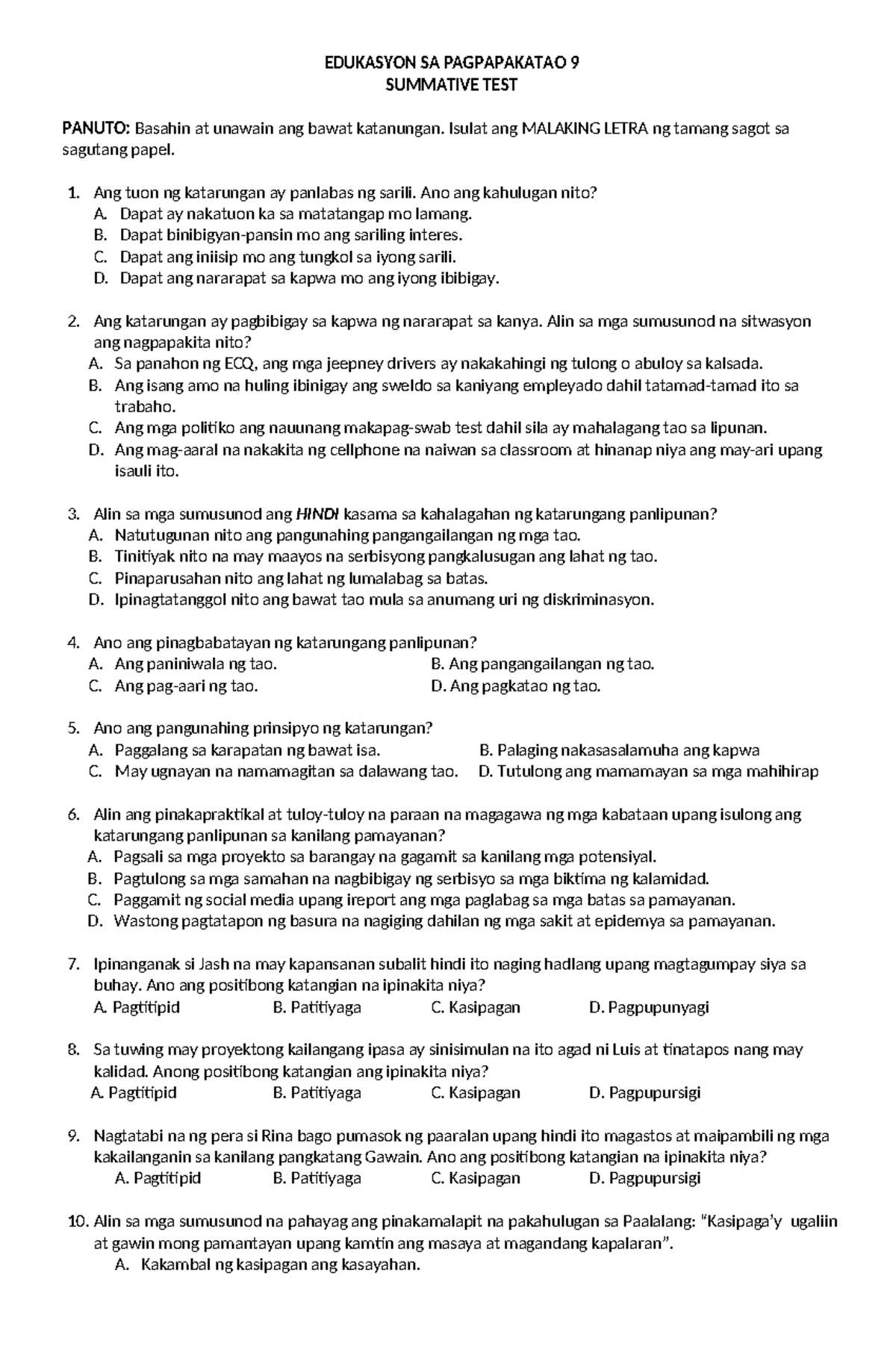 3rd Quarter- Summative - EDUKASYON SA PAGPAPAKATAO 9 SUMMATIVE TEST ...