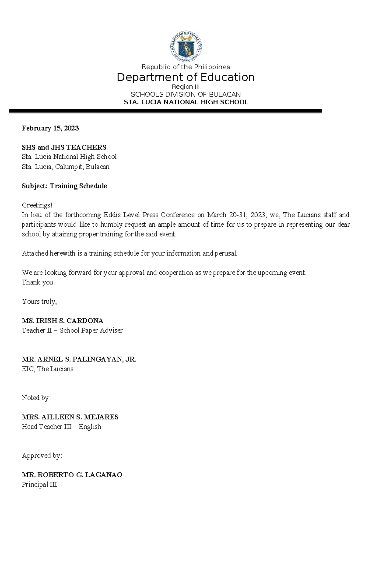 Eddis Level Press Conference Training Schedule for SHS & JHS - Studocu