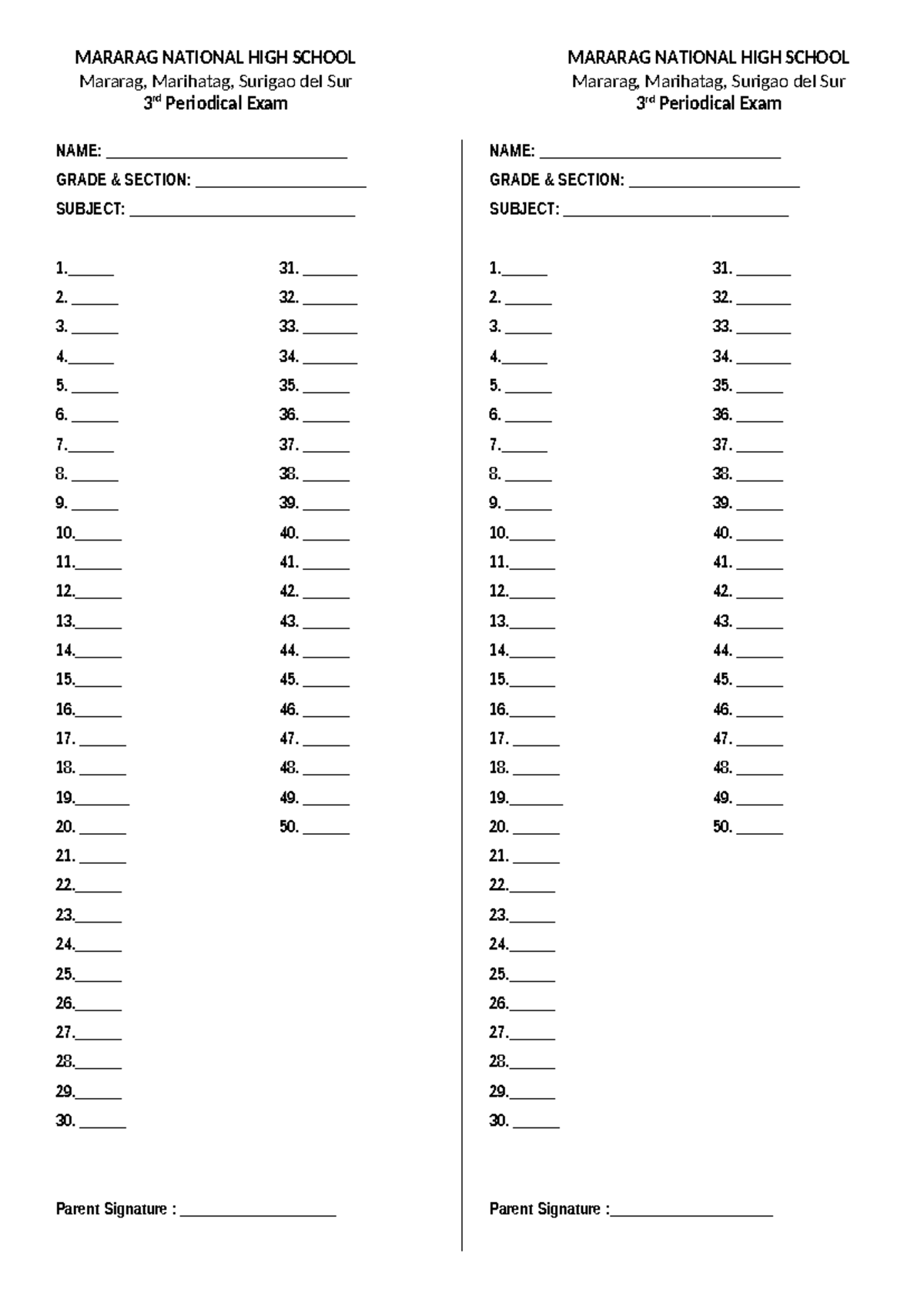 MARARAG NATIONAL HIGH SCHOOL 3rd Periodical Exam Answer Sheet - Studocu