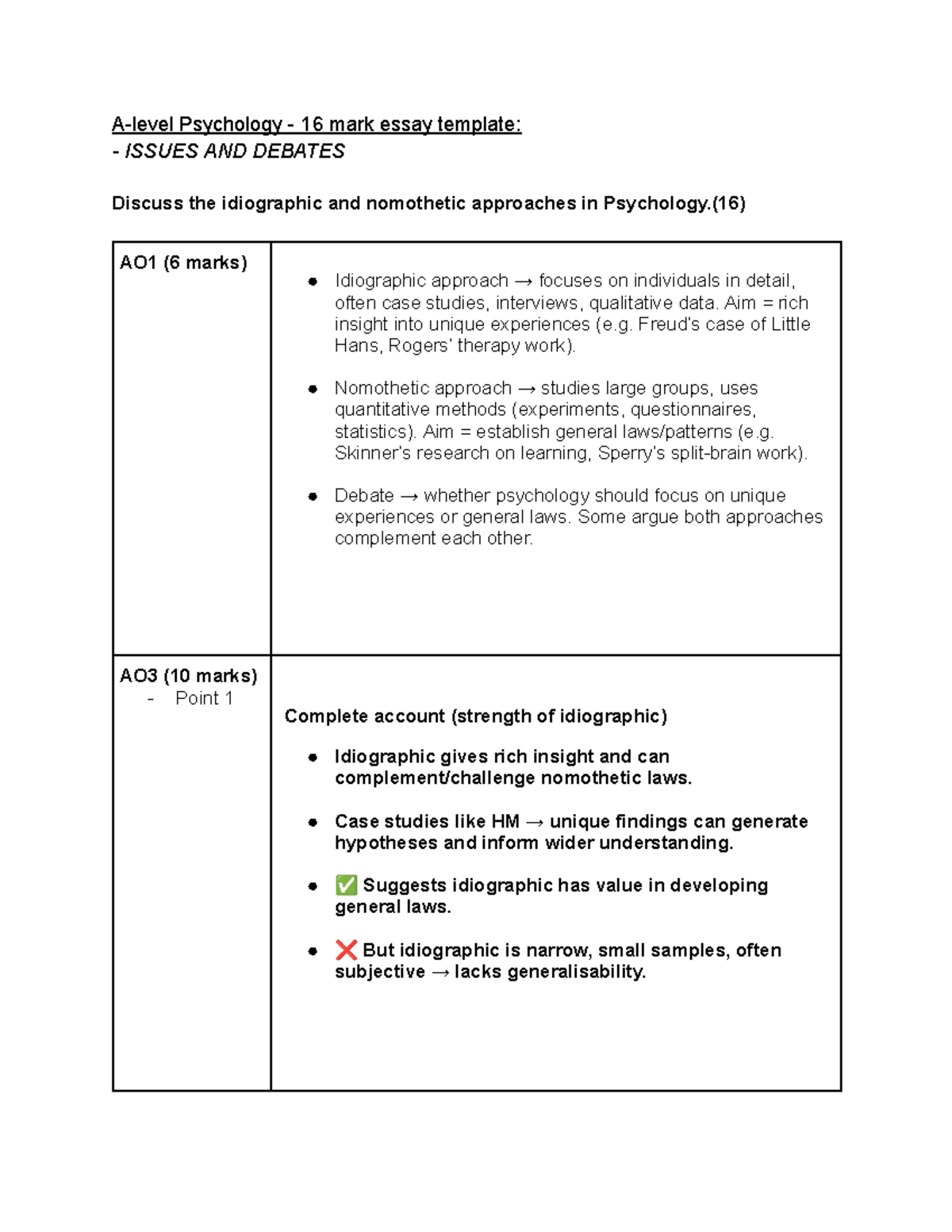 Psychology 16 Mark Essay Template: Idiographic vs. Nomothetic ...