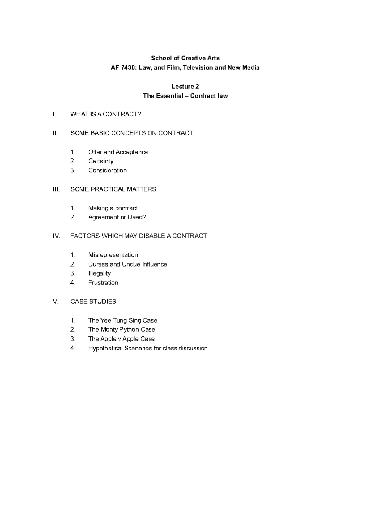 AF 7430: Lecture 2 - Essential Concepts of Contract Law - Studocu