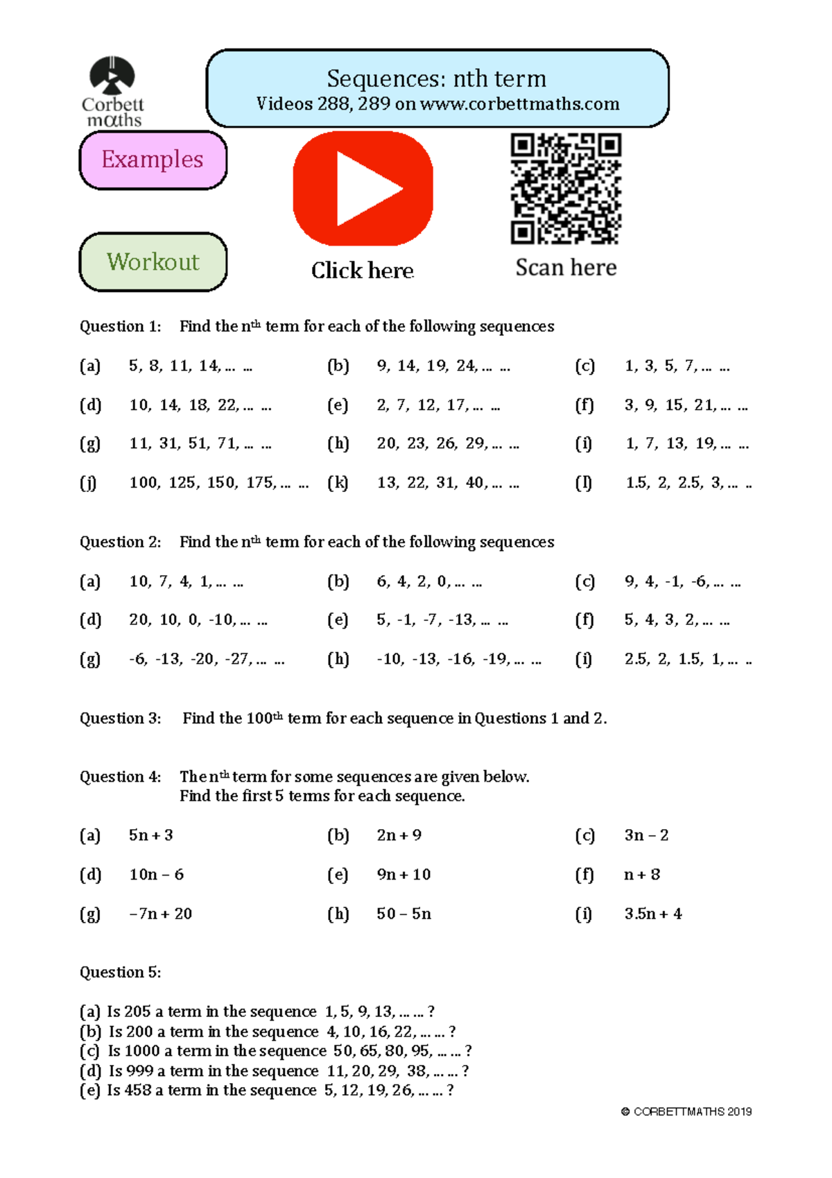 Sequences: nth Term Practice Questions for CORBETTMATHS 2019 - Studocu