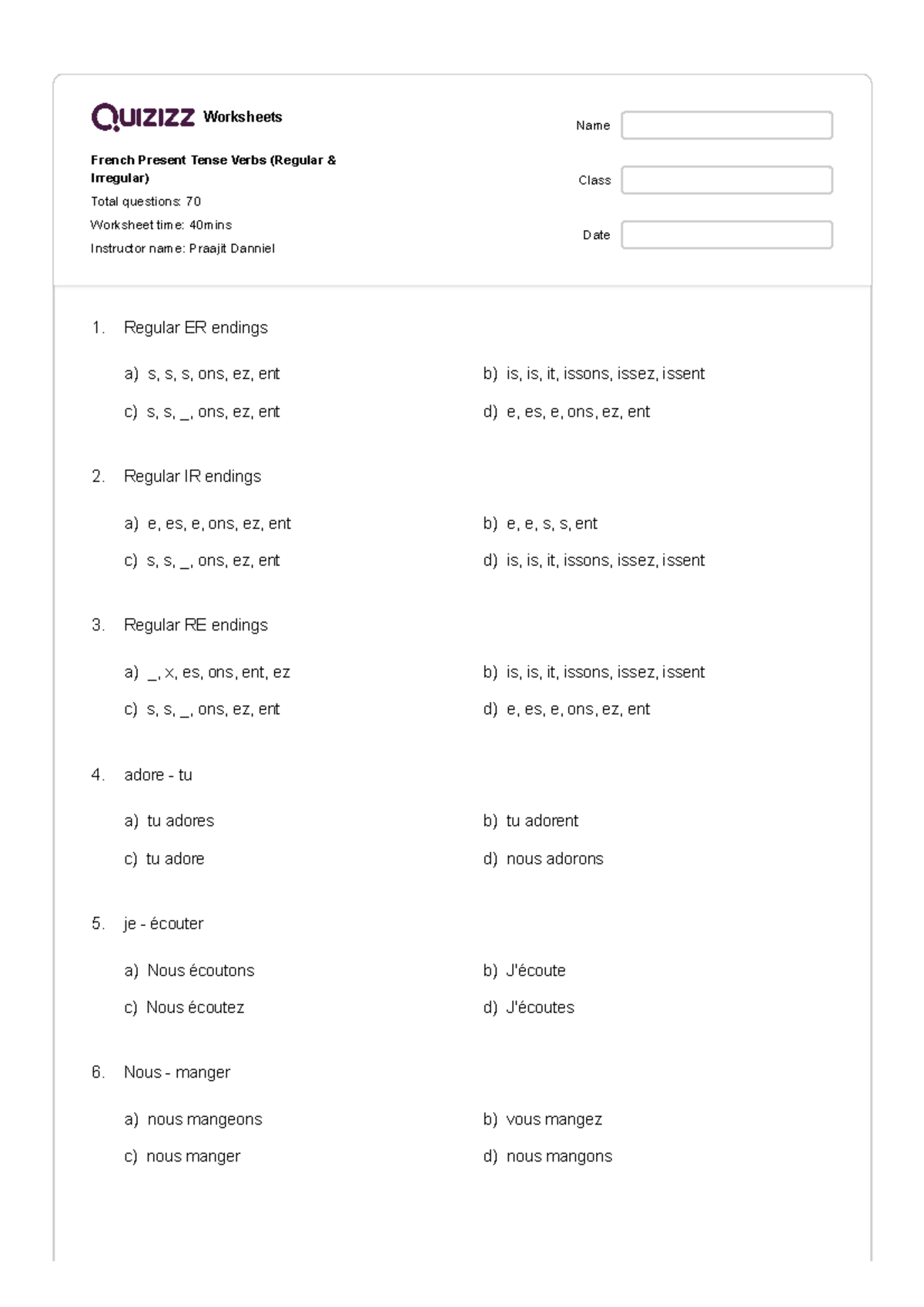 French Present Tense Verbs (Regular & Irregular) Quizizz - Worksheets ...