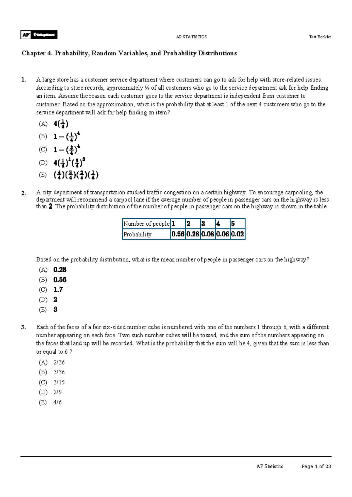 AP STATS Chapter 4: Probability, Random Variables, & Distributions ...