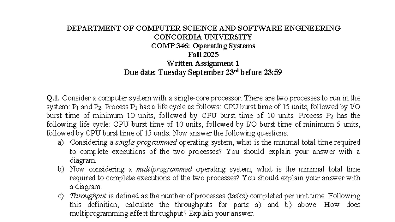 COMP 346 Fall 2025: Operating Systems Written Assignment 1 - Studocu