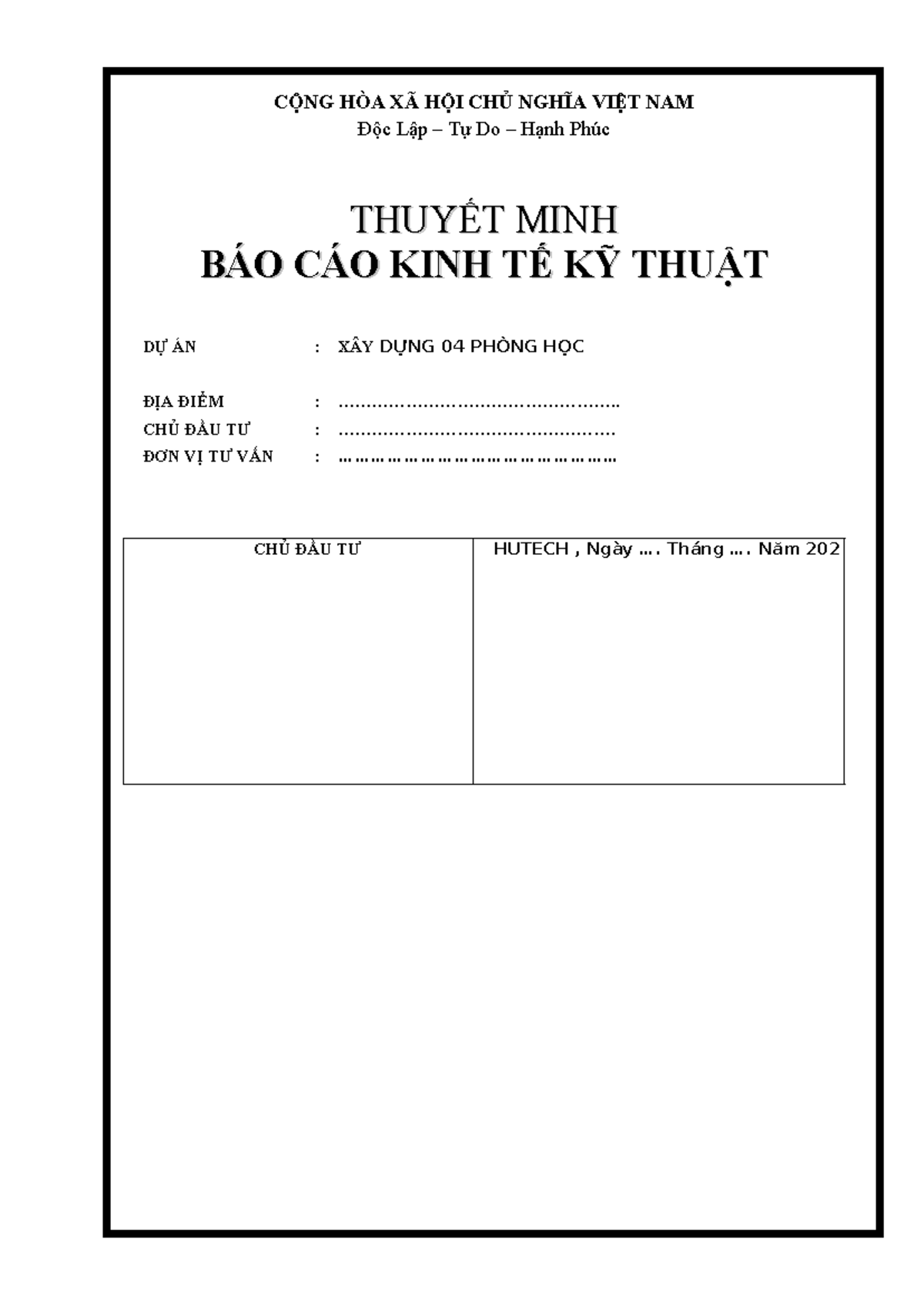 THUYẾT MINH DỰ ÁN XÂY DỰNG 04 PHÒNG HỌC TẠI HUTECH - Studocu