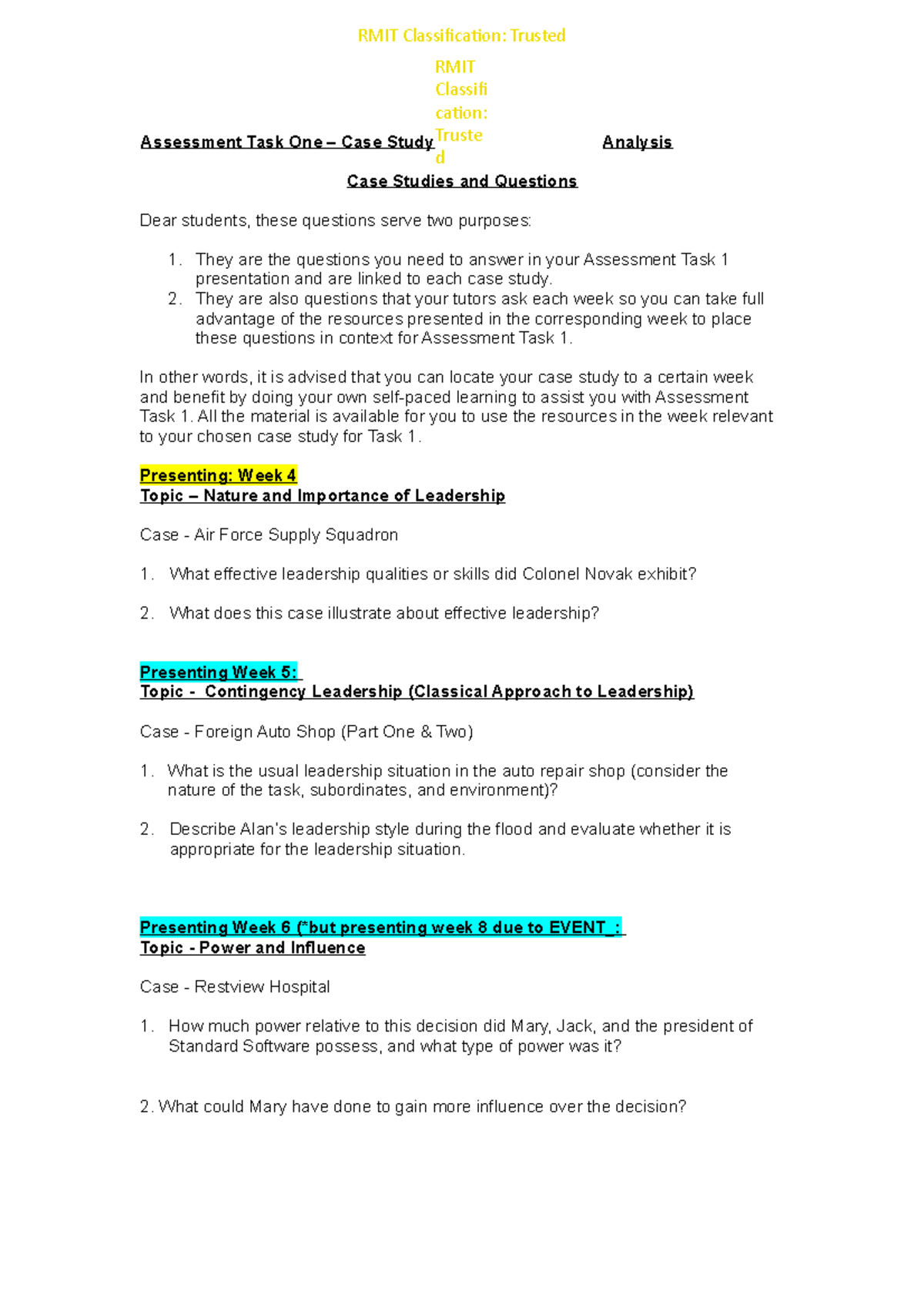 BUSM4188 All Case Questions (S1, 2023) - Assessment Task One – Case ...