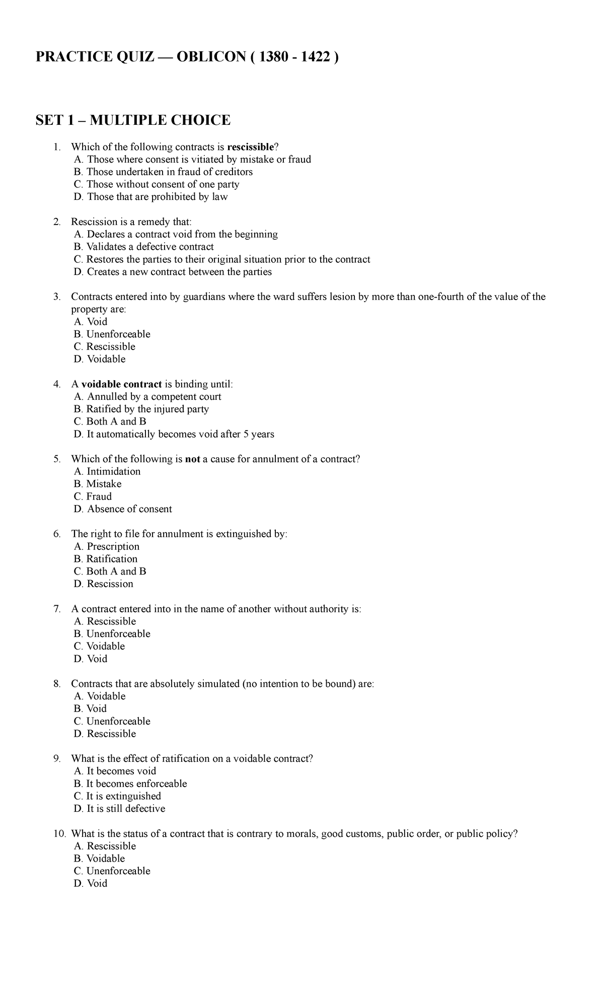 Practice Quiz: Oblicon 1380 1422 - Set 1 & 2 MCQ and T/F - Studocu