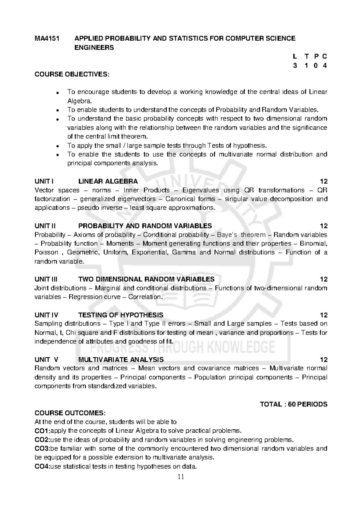 MA4151 APPLIED PROBABILITY AND STATISTICS FOR CSE - SYLLABUS OVERVIEW - Studocu
