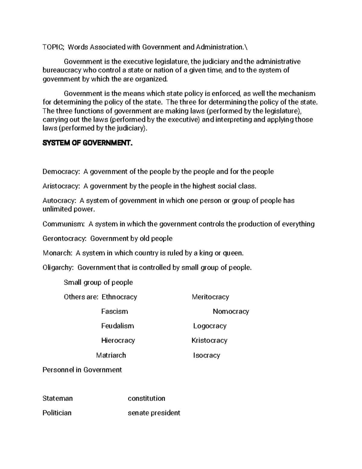 Words Associated with Government and Administration - Lecture Note 7651 ...