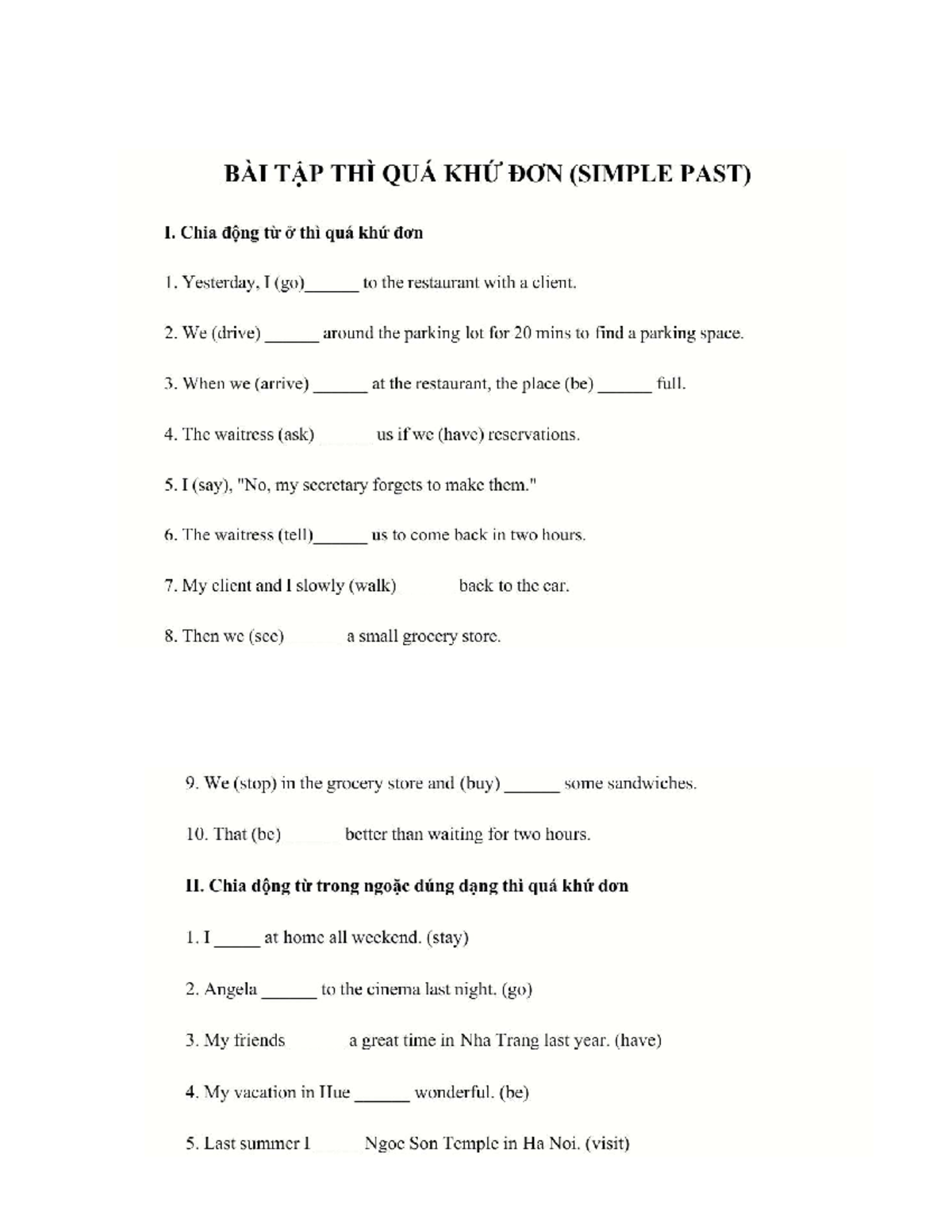 BÀI TẬP THÌ QUÁ KHÚ ĐÔN (SIMPLE PAST) - BT cho HS LỚP 7 - Studocu