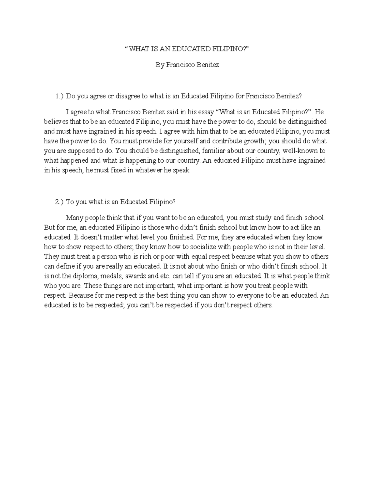 Essay Notes: Defining an Educated Filipino by Francisco Benitez - Studocu