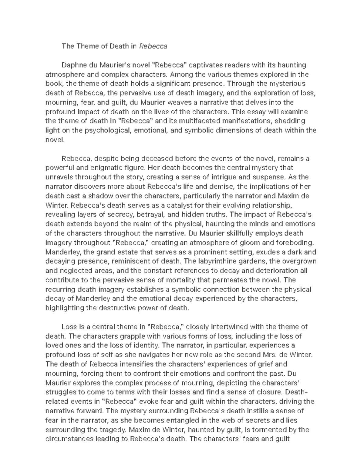 Death's Haunting Presence in Daphne du Maurier's "Rebecca" Analysis ...