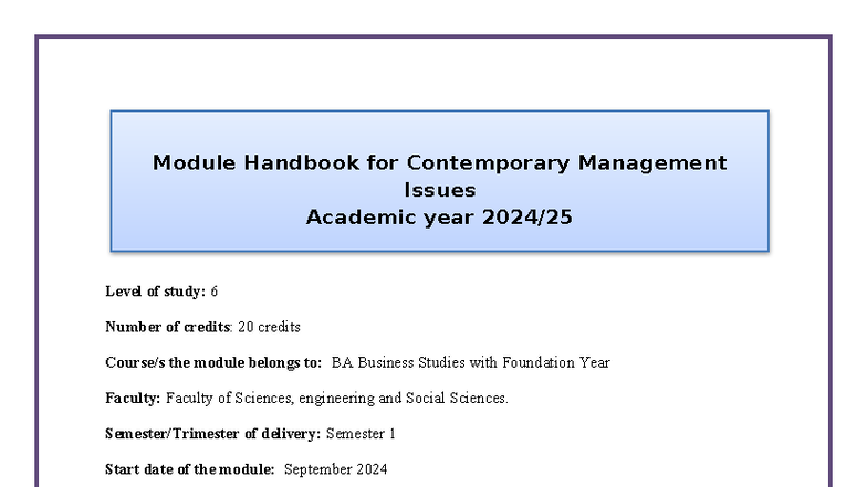 BA Business Studies Level 6: Contemporary Management Issues Handbook ...