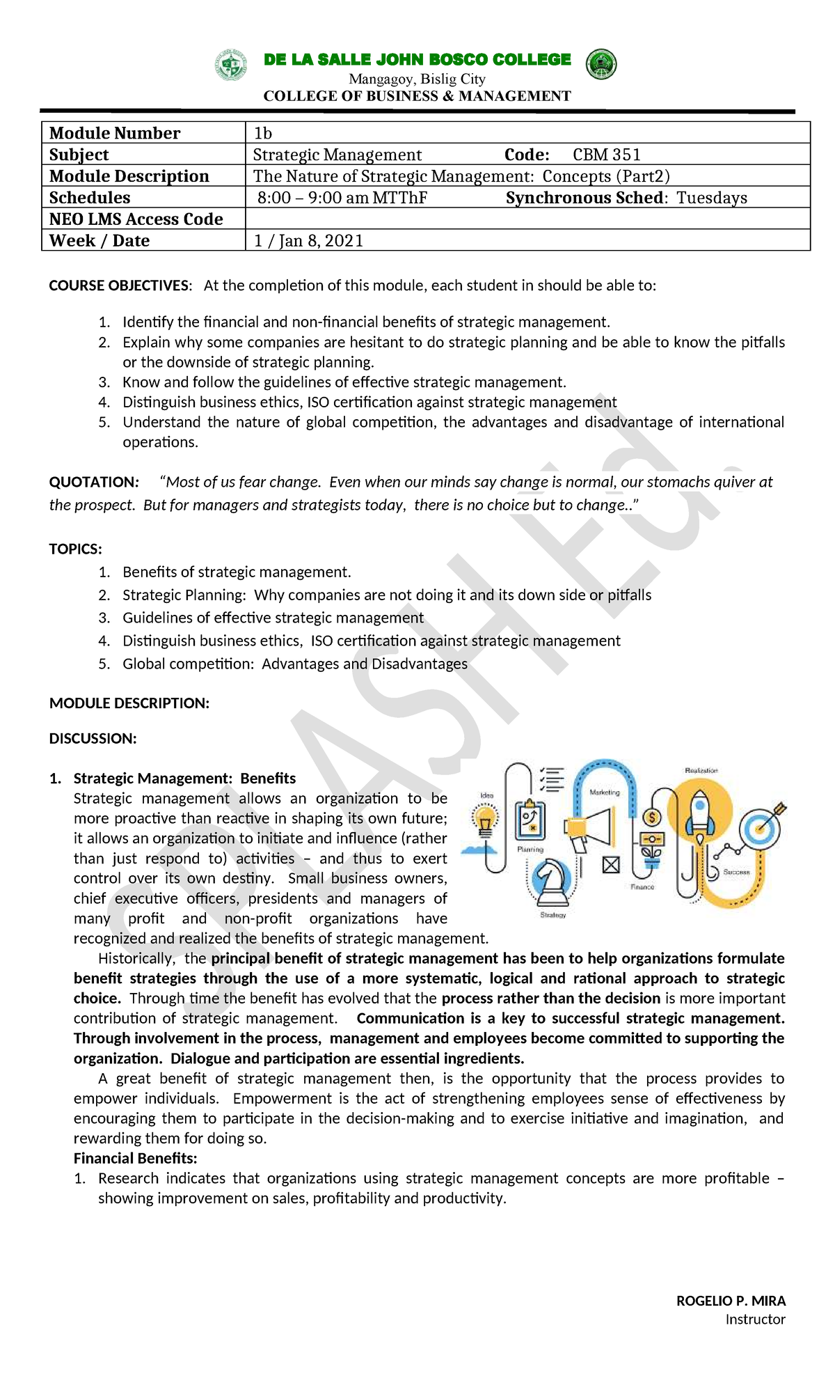 CBM 351 Strategic Management Module 1b: Key Concepts & Benefits - Studocu