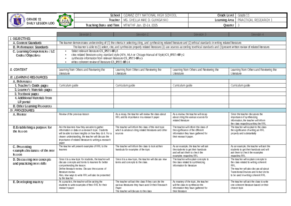 DLL PRAC RES - example - GRADE 12 DAILY LESSON LOG School OZAMIZ CITY NATIONAL HIGH SCHOOL Grade ...
