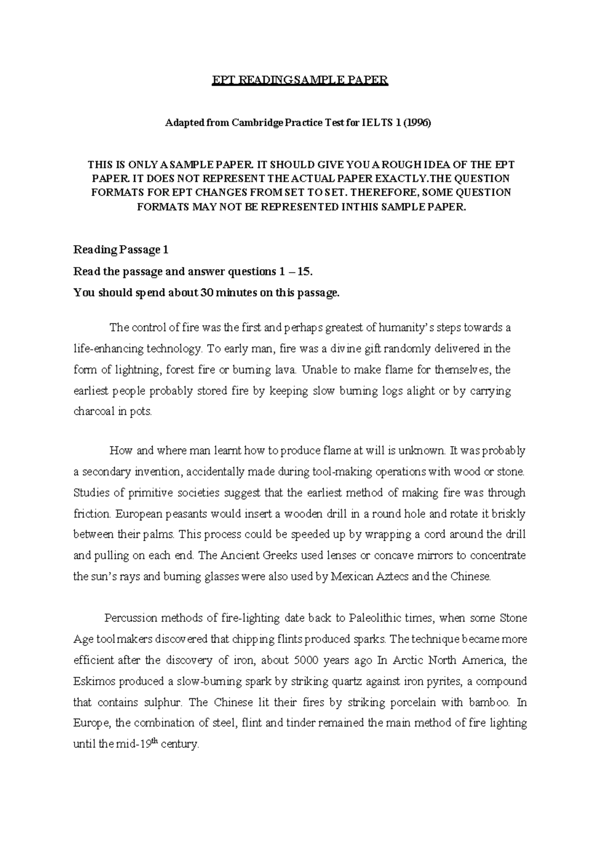 V2 EPT Reading Sample Paper: Fire, Matches, and Zoo Conservation - Studocu