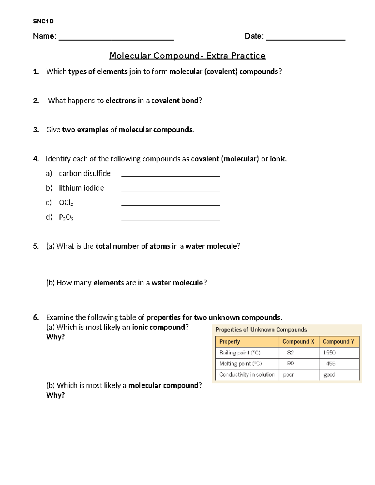 Molecular Compounds Wrksht 2015 Blank - SNC1D Name ...