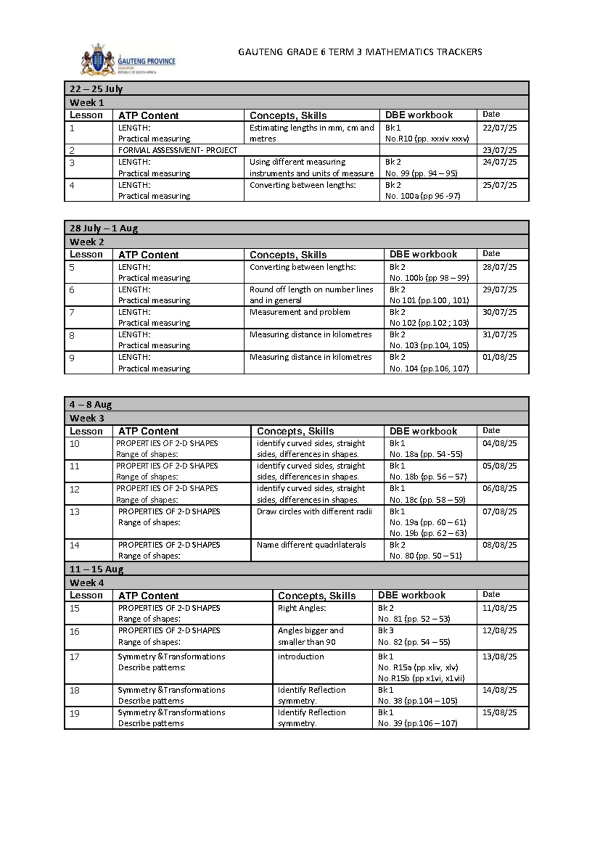 GAUTENG GRADE 6 TERM 3 MATHEMATICS TRACKER 2025: WEEKLY LESSONS - Studocu