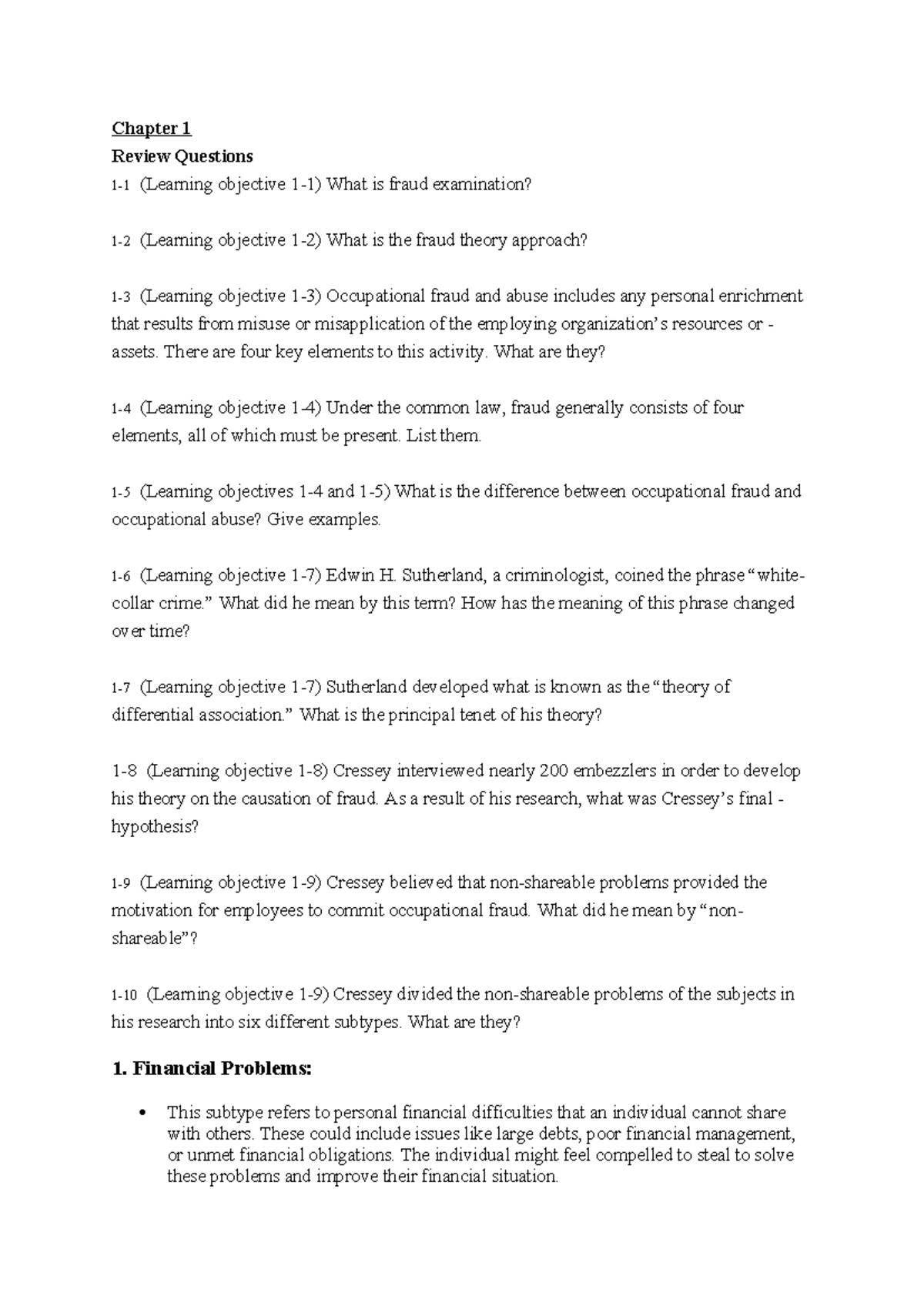 Chapter 1 Review Questions: Understanding Fraud Examination Concepts ...