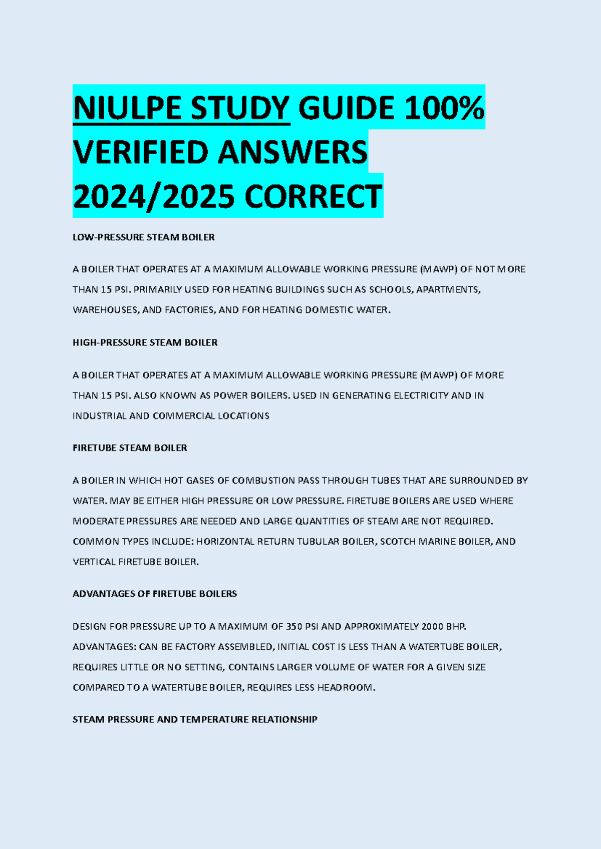 NIULPE Study Guide: Low and High-Pressure Steam Boilers 2024/2025 - Studocu