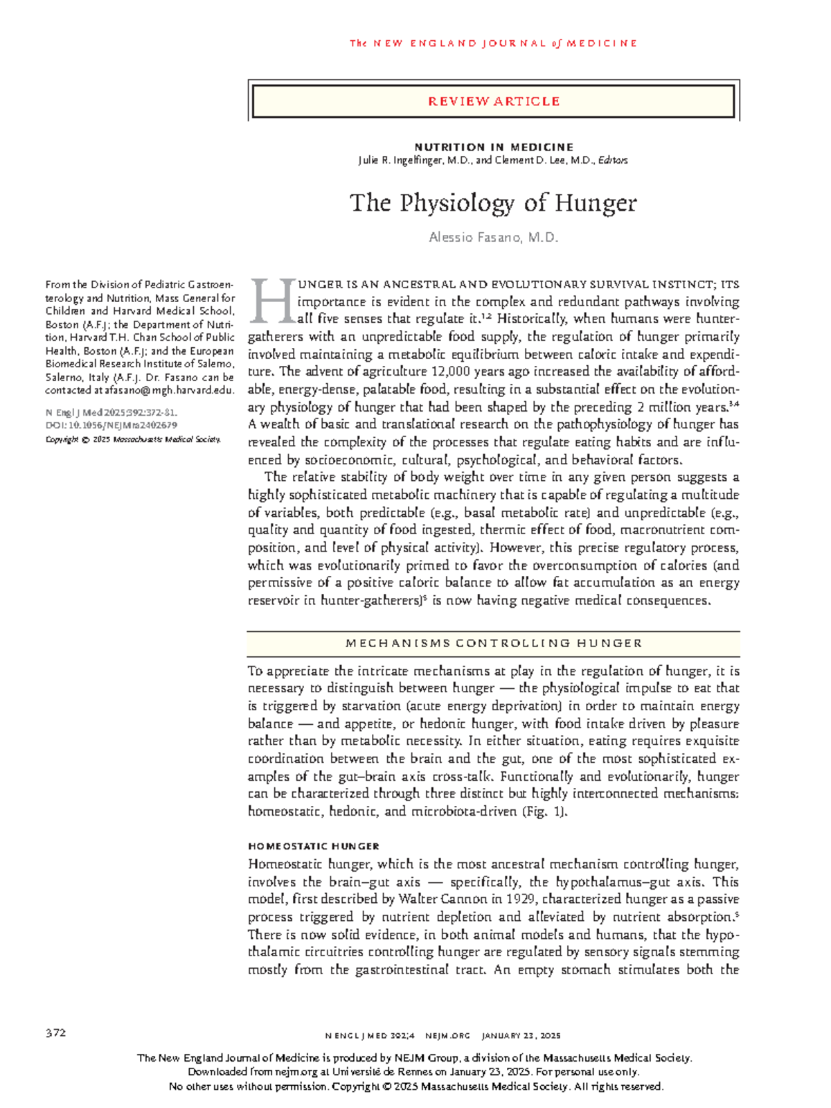 NEJM Review: The Complex Physiology of Hunger Mechanisms (Fasano, 2025 ...
