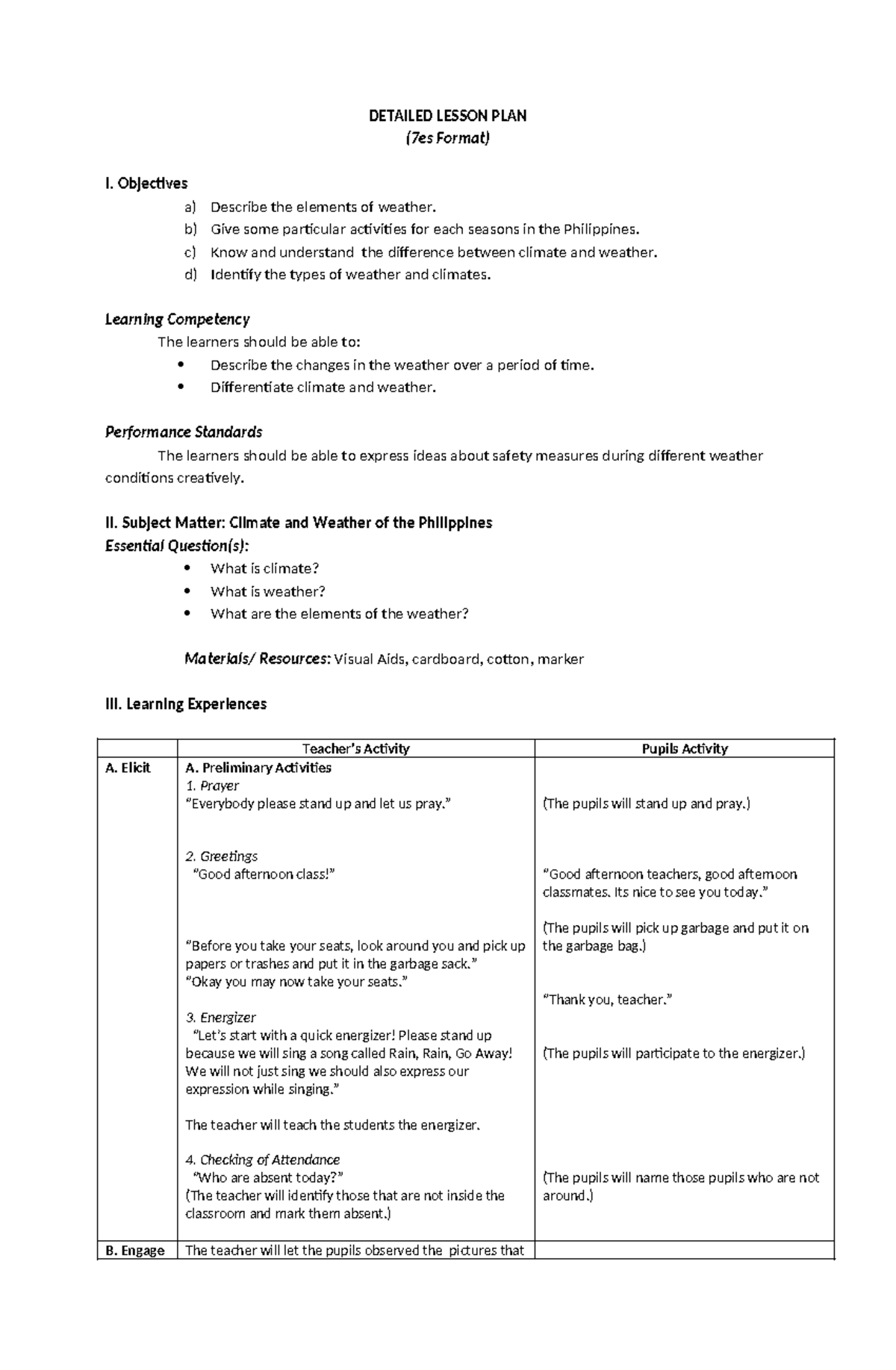 Detailed Lesson Plan: Weather & Climate (7es Format) - Studocu