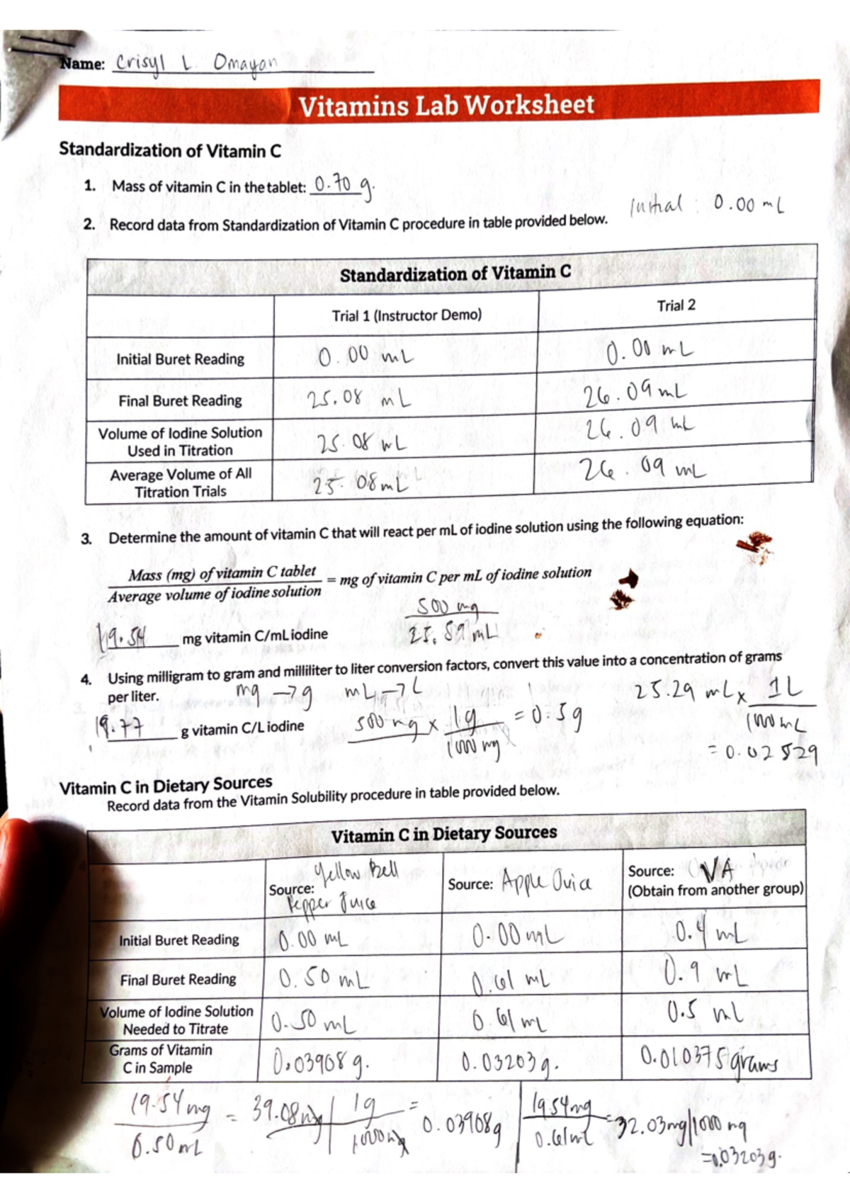 Vitamins Lab Worksheet for Nutritional Science 101 - Studocu