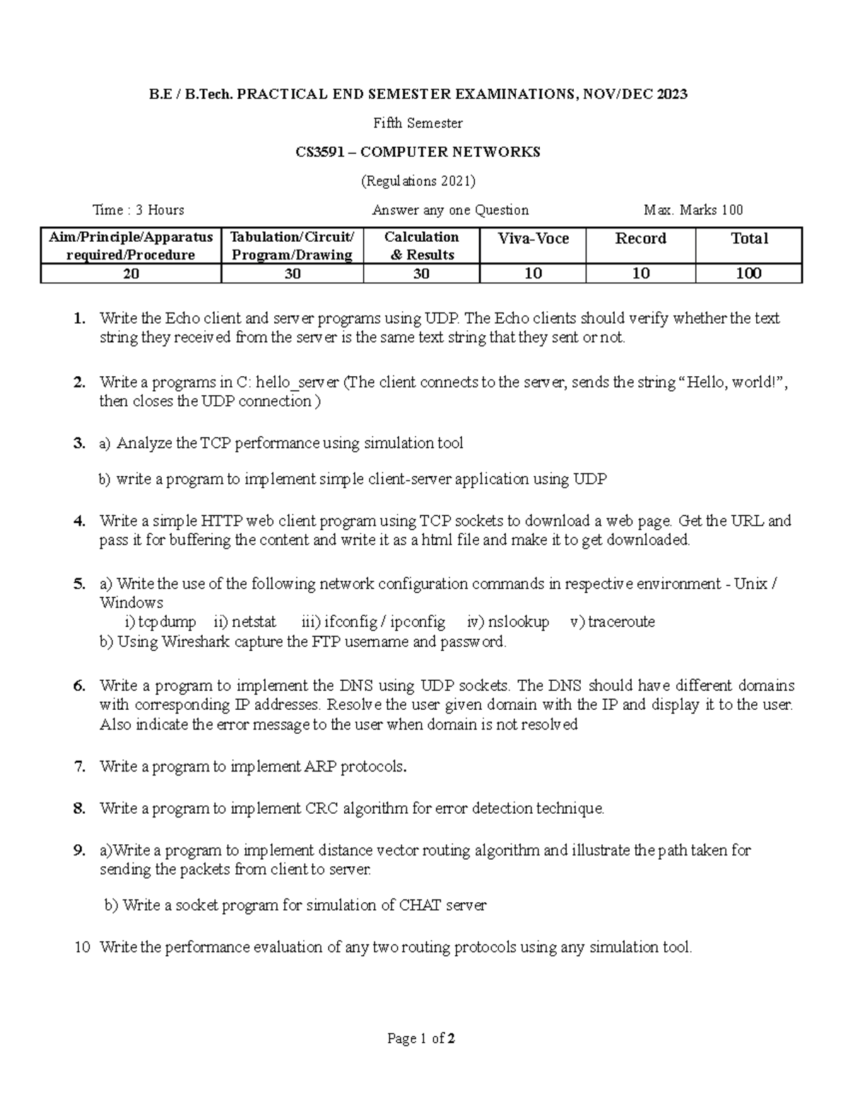 CS3591 Computer Networks Practical End Semester Exam Questions - Studocu