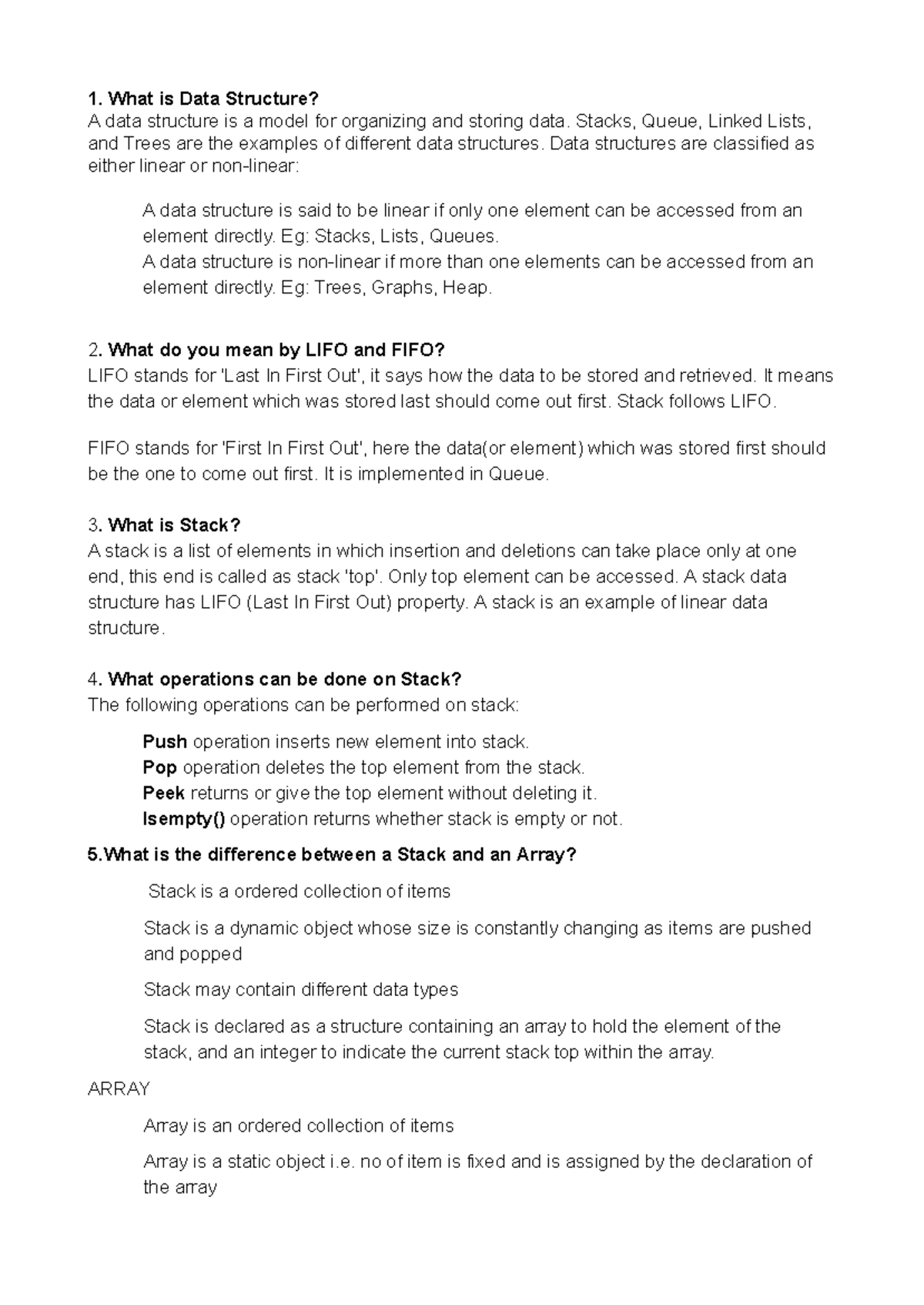 Data Structures VIVA: Key Concepts, Definitions and Applications - Studocu
