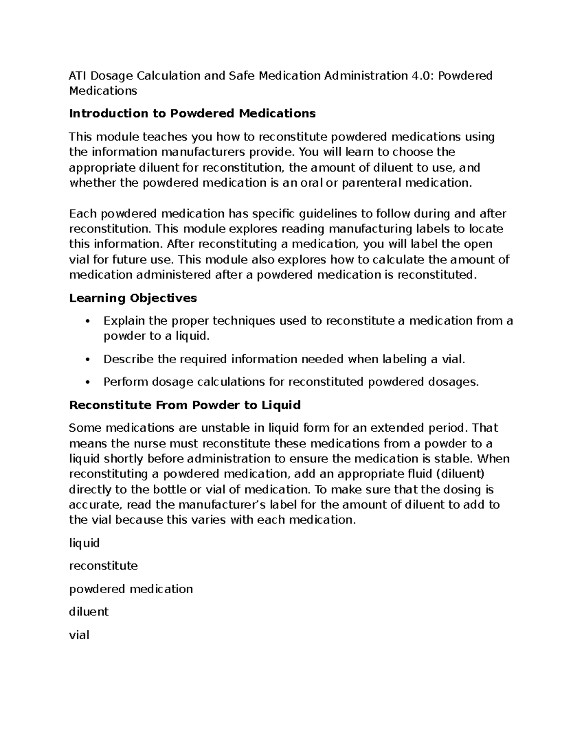 ATI Dosage Calculation & Safe Med Admin 4.0: Powdered Medications Guide ...